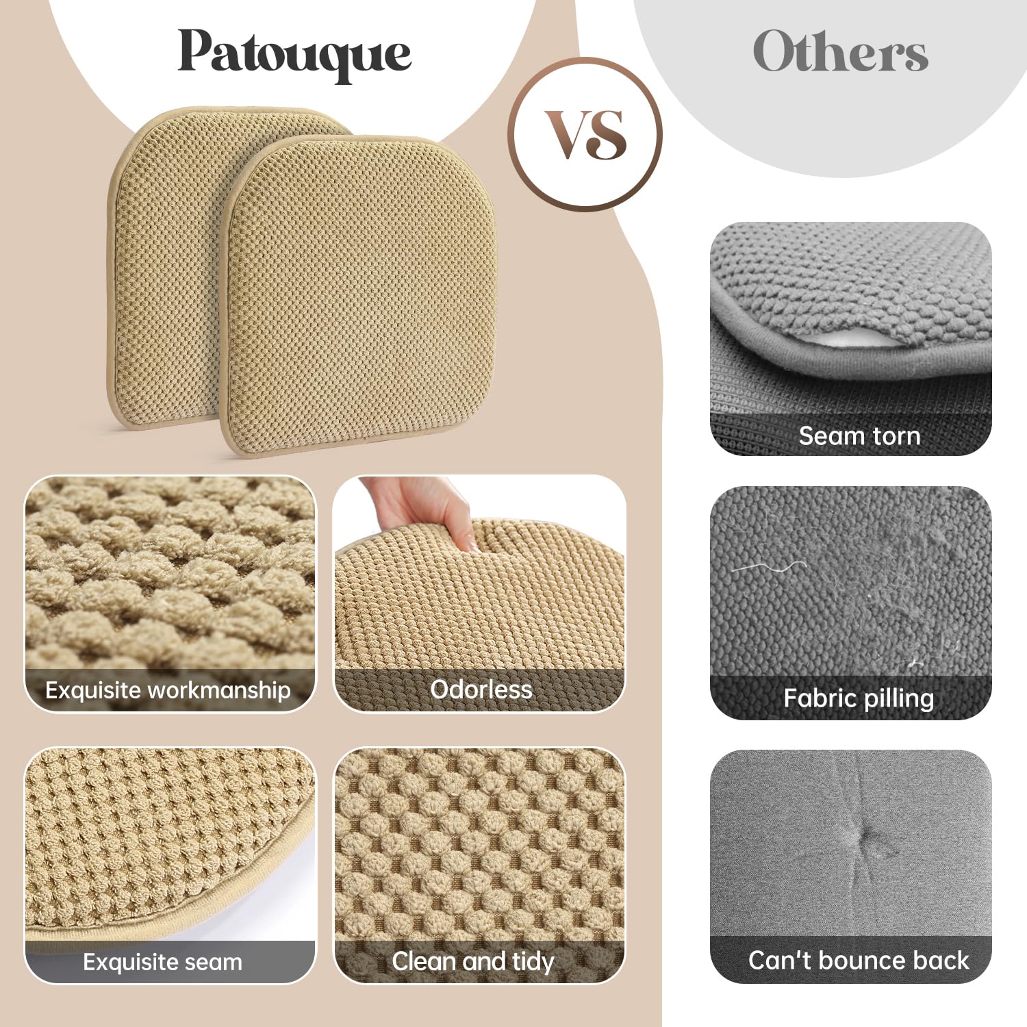 Patouque Memory Foam Chair Cushion Premium U-Shaped Seat Pad for Kitchen Dining Room Chairs Rubber Back Slip Resistant Cushions for Home Comfortable and Thick 2-Pack Sets 15x16 Inch Beige