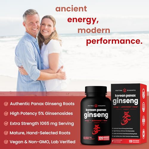 NutraChamps Korean Red Panax Ginseng Capsules | Extra Strength Ginsenosides for Energy, Focus, Performance, Vitality & Immune Support | Korean Red Ginseng Root Extract Powder Supplement | Vegan Pills