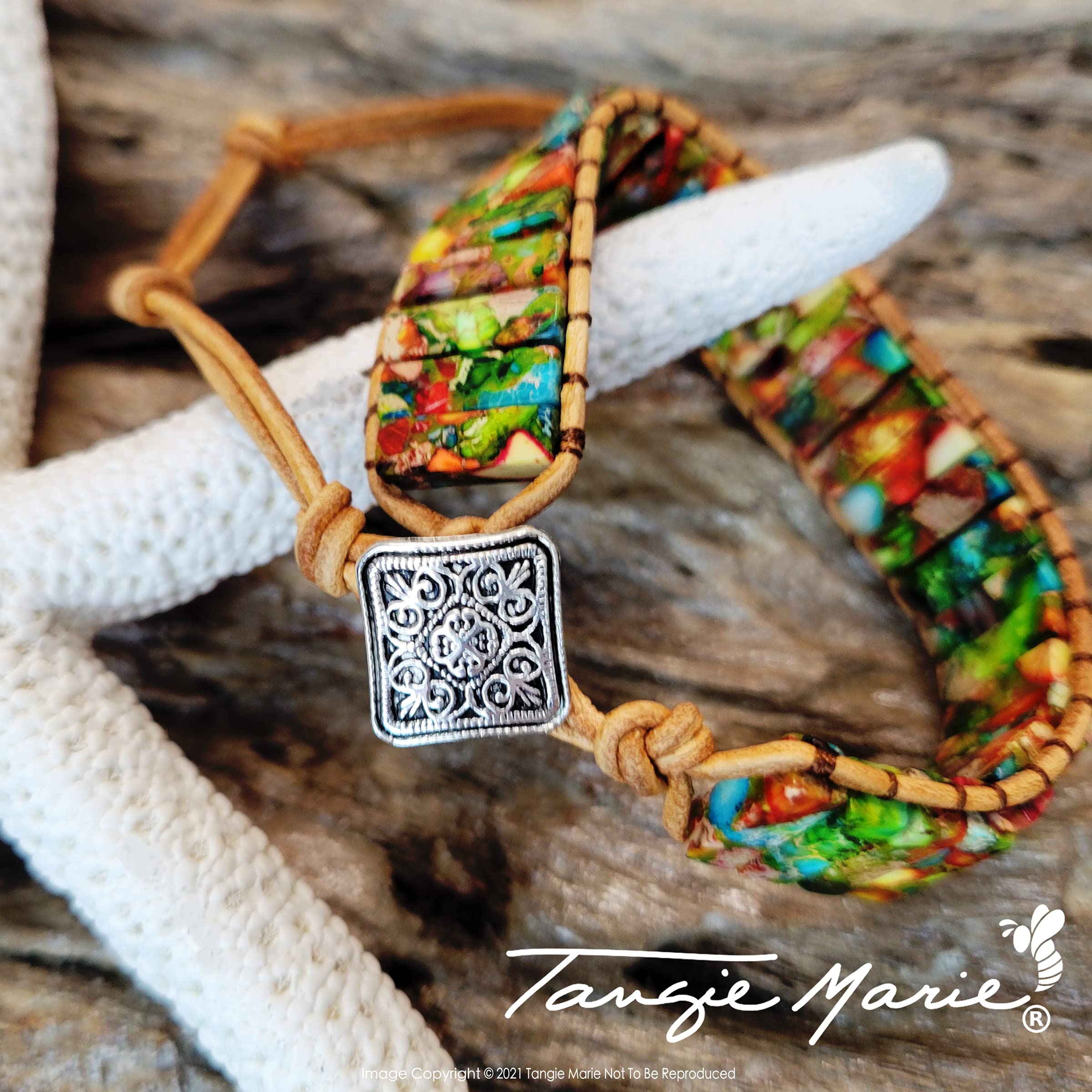 Tangie Marie Chakra Bracelet - Imperial Rainbow Jasper Stone for Women Men Beaded Boho Leather Wrap Gemstone Bangle