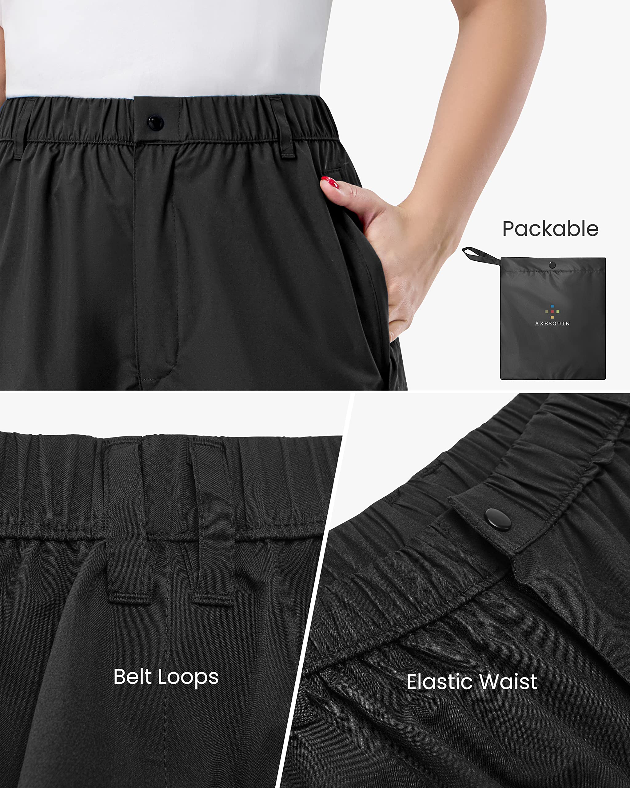 Women's Rain Pants, Waterproof Rain Over Pants Lightweight Packable Windproof Hiking Pants Outdoor Golf Work Black
