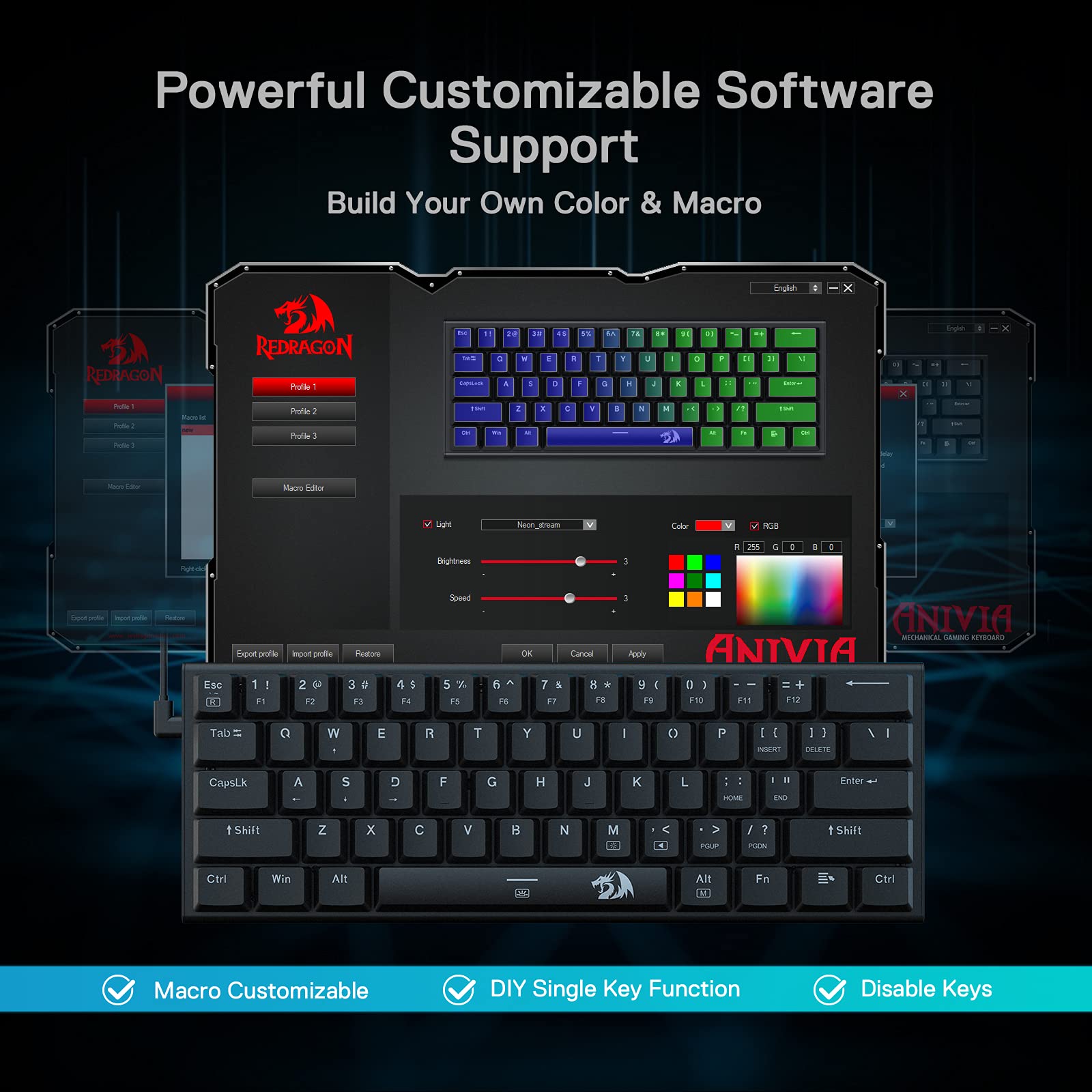 Redragon K614 Anivia 60% Ultra Thin Wired Mechanical Keyboard, Slim Compact 61 Keys RGB Gaming Keyboard w/Low Profile Linear Red Switches and Double-Shot Keycaps for Fast & Accurate Actuation