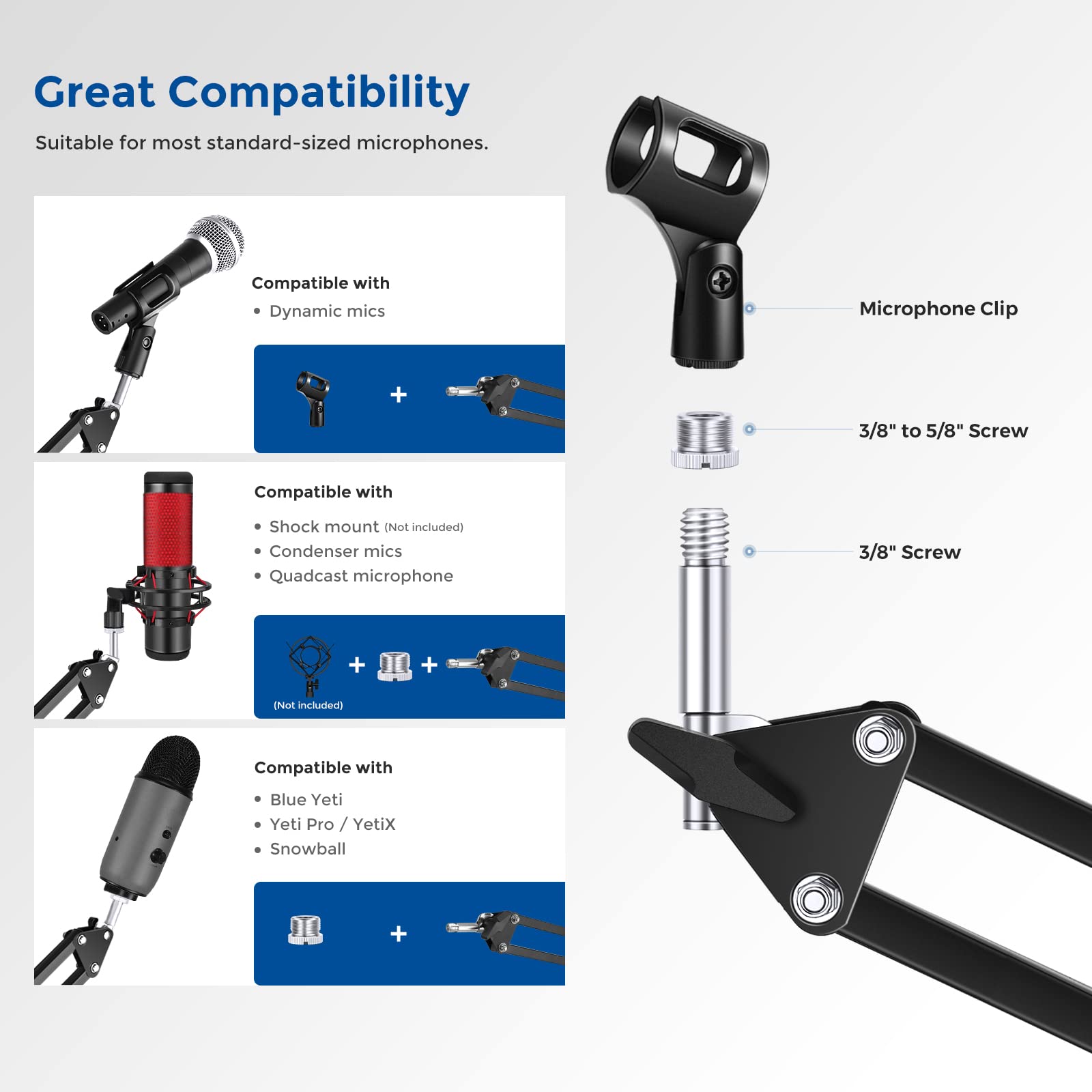 Neewer Microphone Arm Stand, Suspension Boom Scissor Mic Arm Stand with 3/8β to 5/8β Screw and Cable Ties Compatible with Blue Yeti, Snowball, Yeti X, Quadcast and Other Mics, Max Load 1.5kg