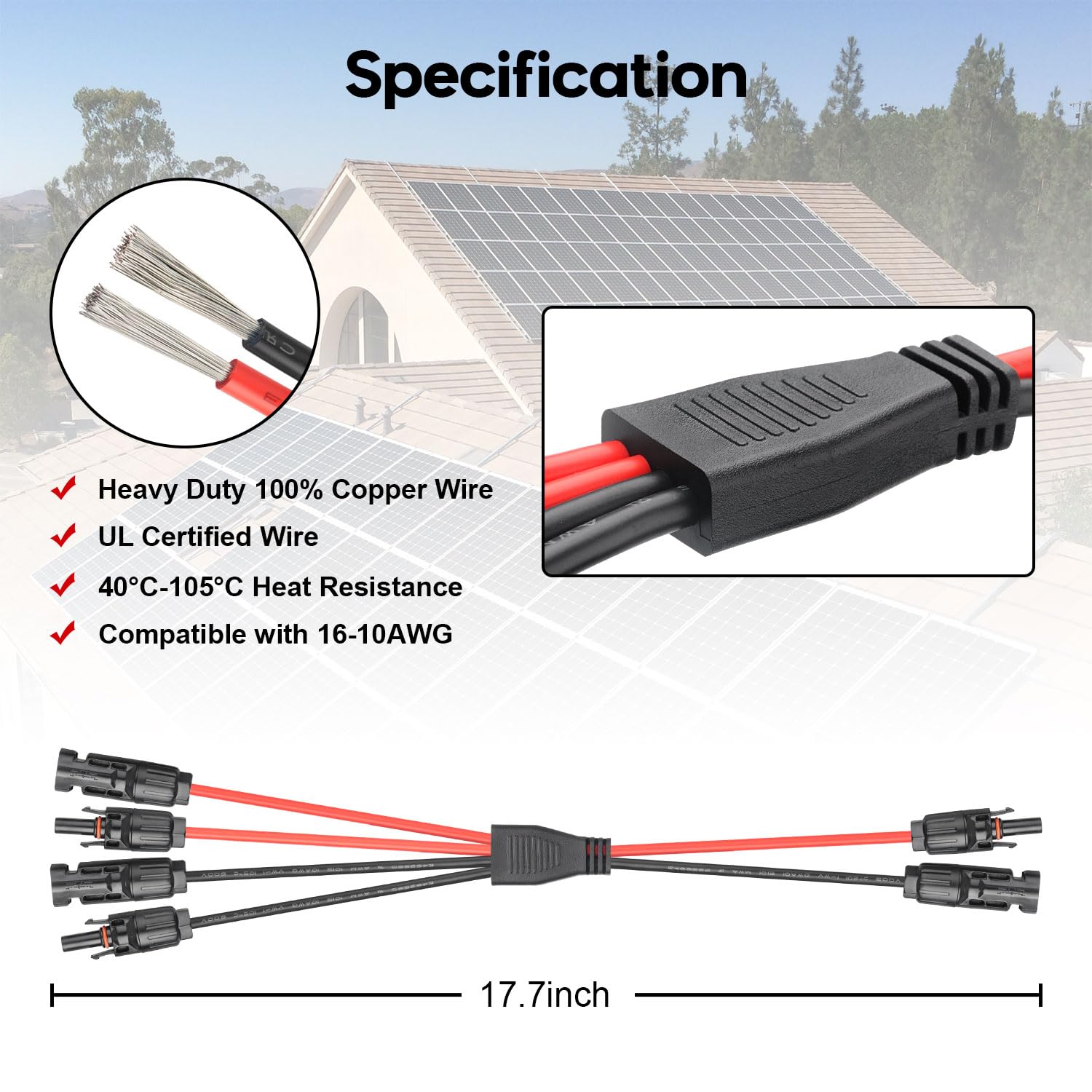PAEKQ 2-in-1 Solar Y Branch Connectors Parallel Adapter Cable Solar Panel Connector Extension Cable 1 to 2 Splitter Solar with Male/Female Plug for RV Solar Panels Solar Generator(17.7 Inch)