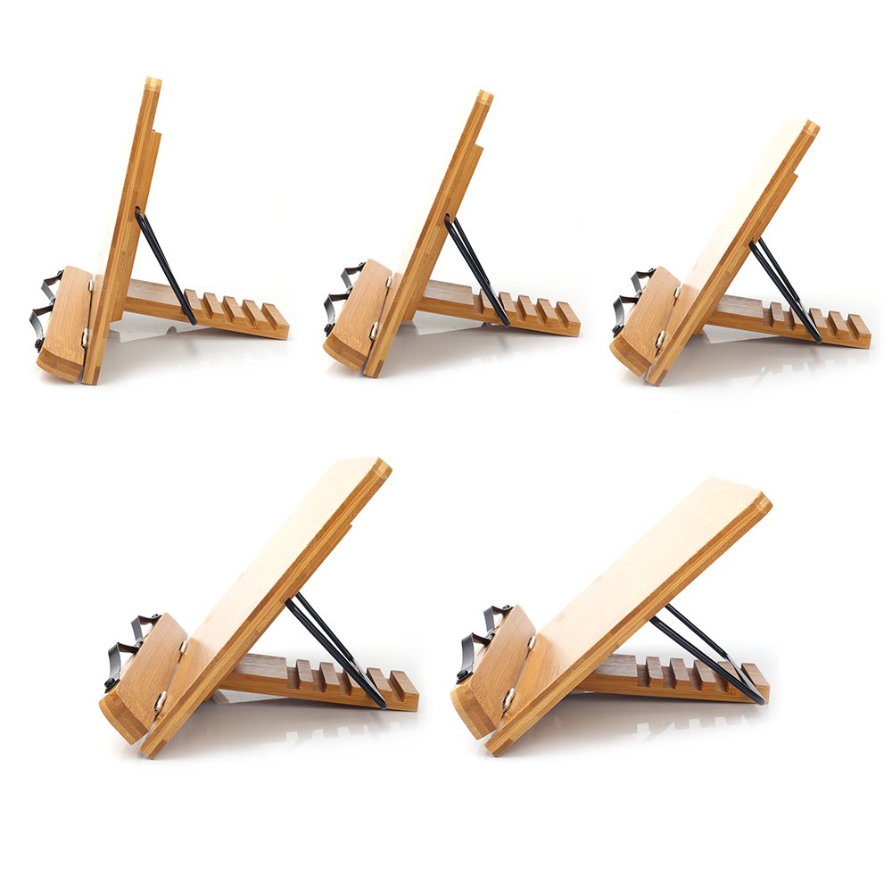 wishacc Bamboo Book Stand Cookbook Holder with 5 Adjustable Height 13.2 x 9.2"