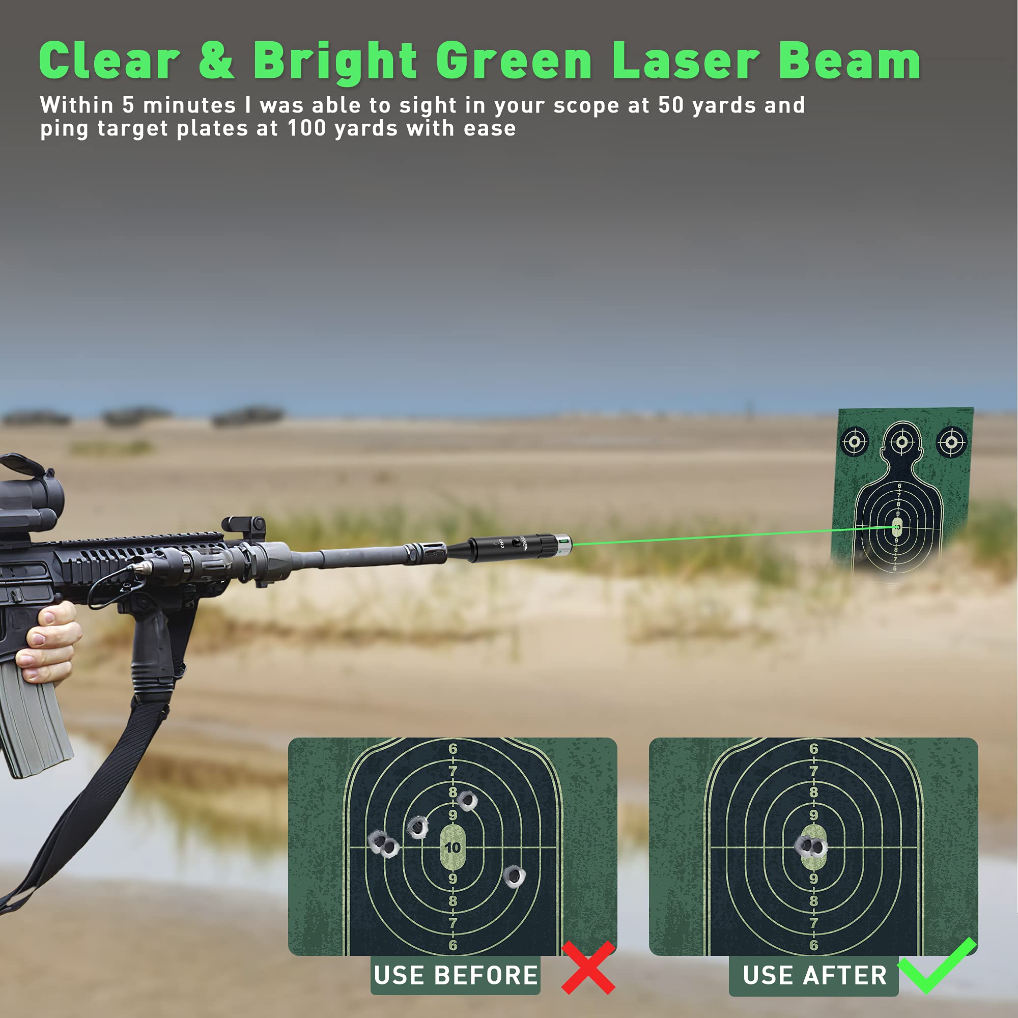 Tyseam Green Laser Bore Sighter Kit with 2 Sets of The Adapters for .17 to 12GA Caliber Rifle, Pistols, Handgun Universal Hunting Bore sighter Kit with Press Switch & Batteries