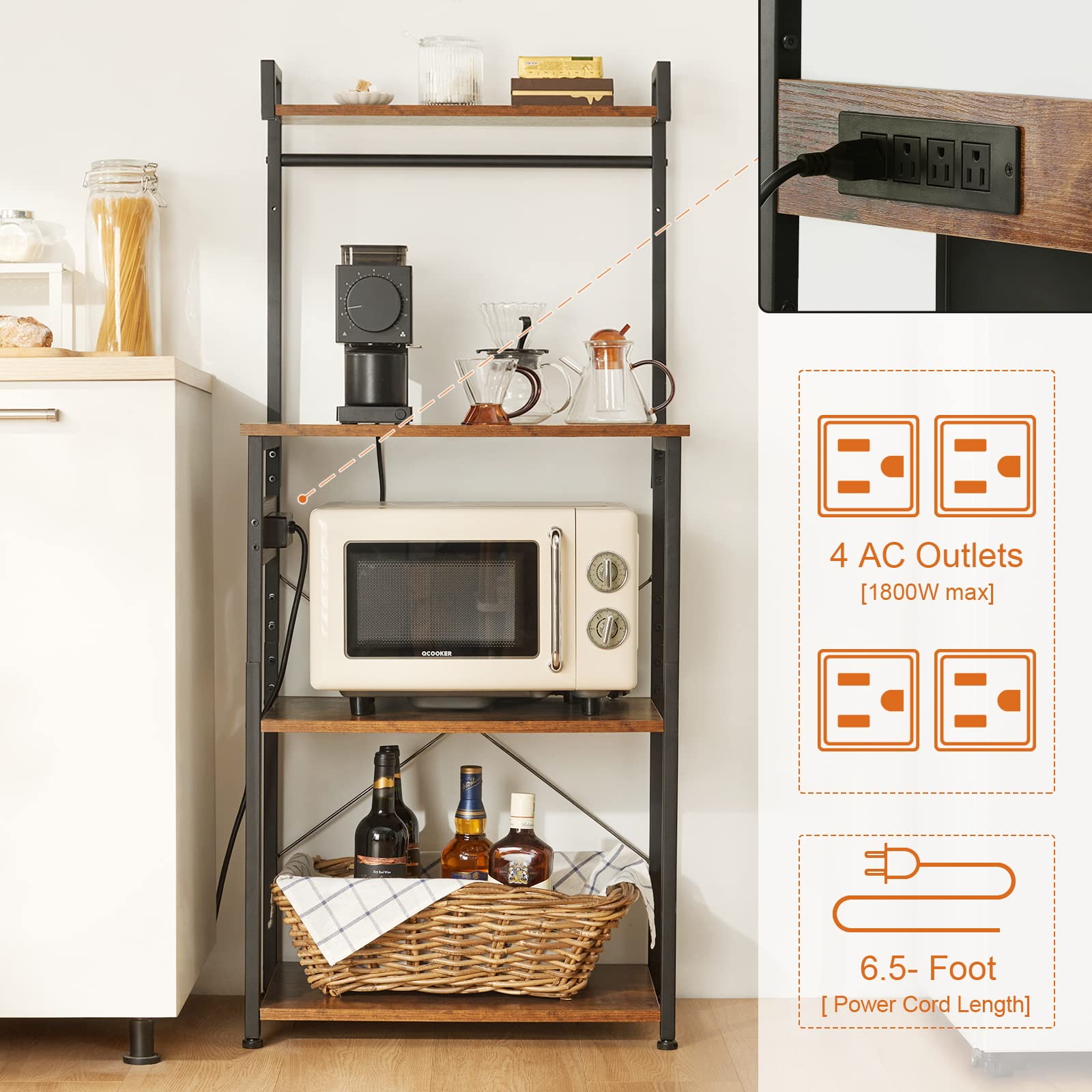 OIRBOEUS Bakers Rack with Power Outlet,Microwave Stand with Storage 5-Tiers,Coffee Bar Station,Microwave Rack,Kitchen Storage Shelf Rack,Rustic Brown