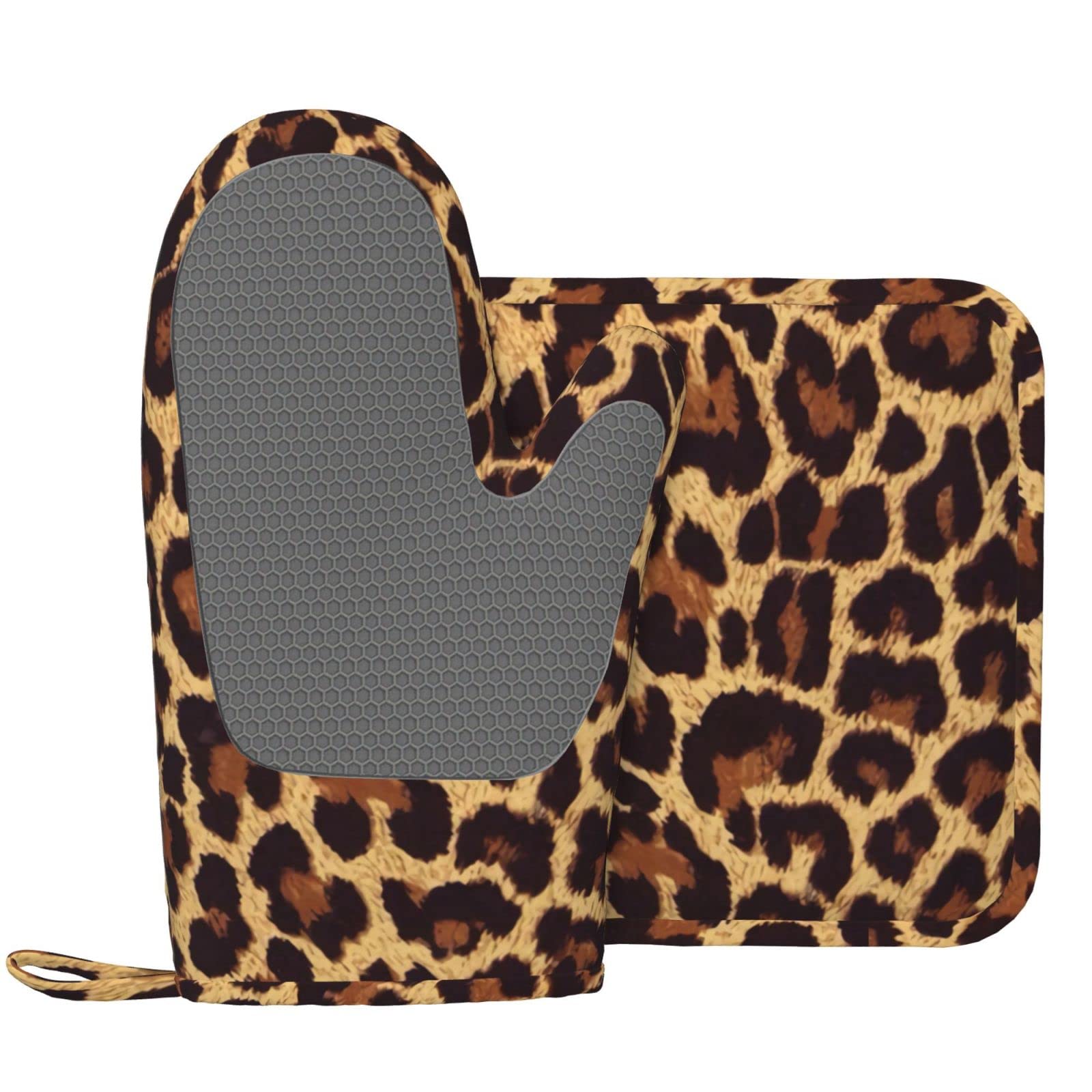 SEPTYK Cool Cheetah Leopard Oven Mitts and Pot Holders Sets of 2 Non-Slip Cooking Kitchen Gloves Heat Resistant for Baking Grilling BBQ