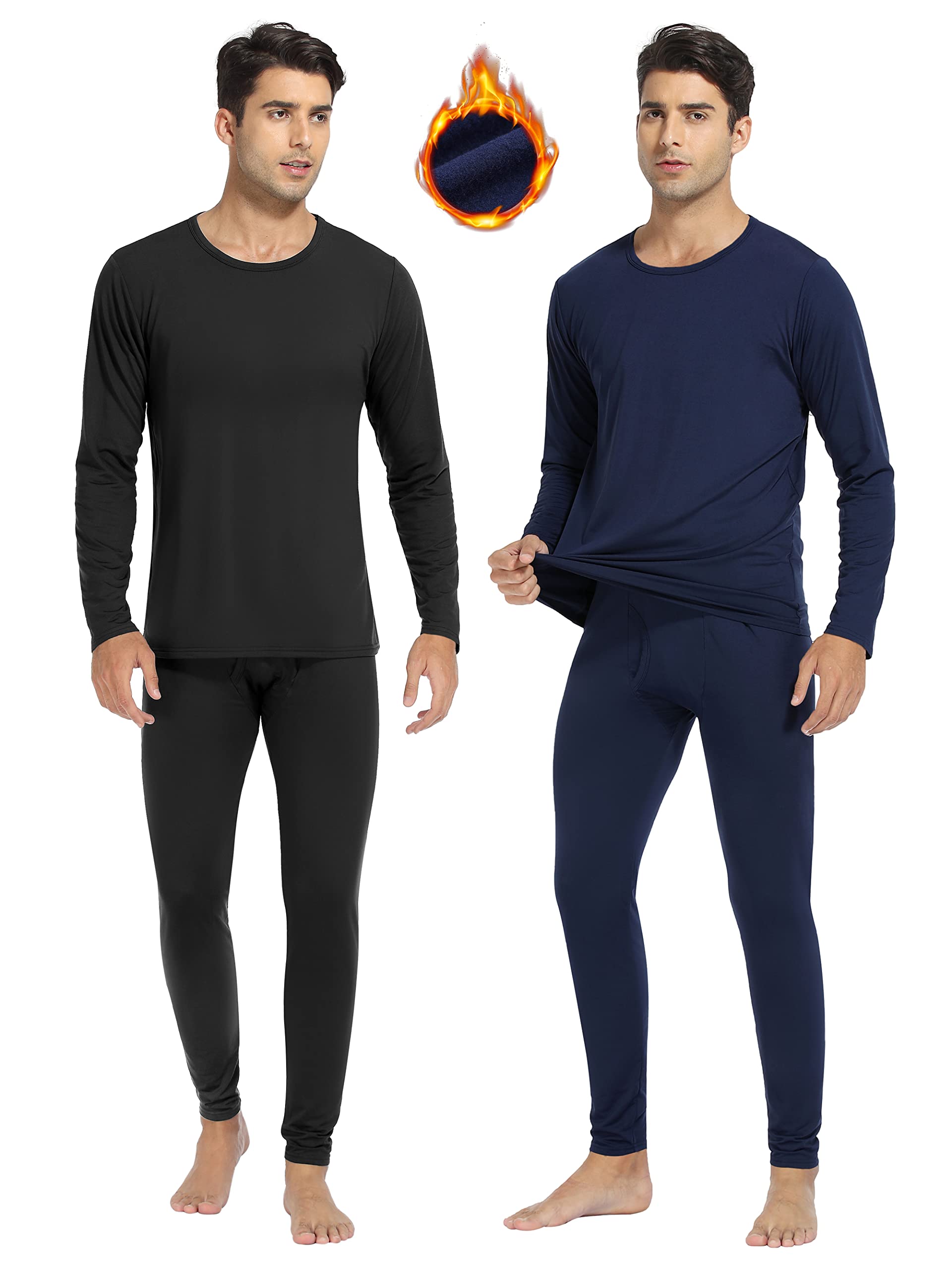URATOT 2 Sets Men's Thermal Underwear Set Fleece Lined Thermal Underwear Soft Long Johns Top Bottom Set for Men Cold Winter Black, Navy Blue