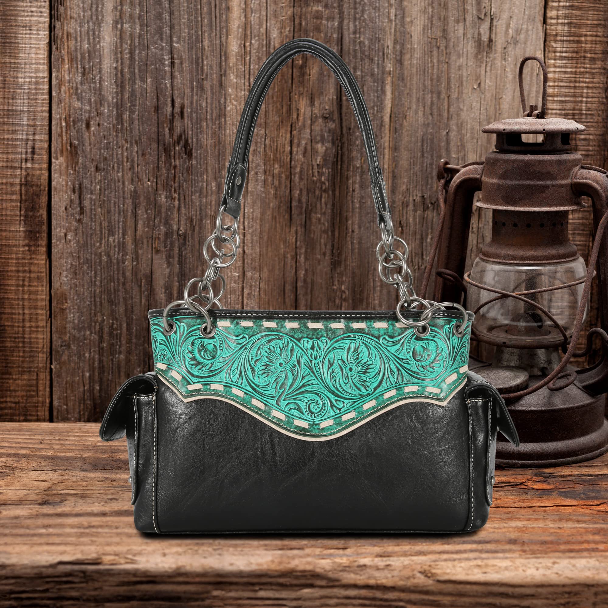 Trinity Ranch Western Purses for Women Satchel Tooling Leather Satchel Hobo Tote Bag Shoulder Handbags with Wallet TR150G-8085BK+W