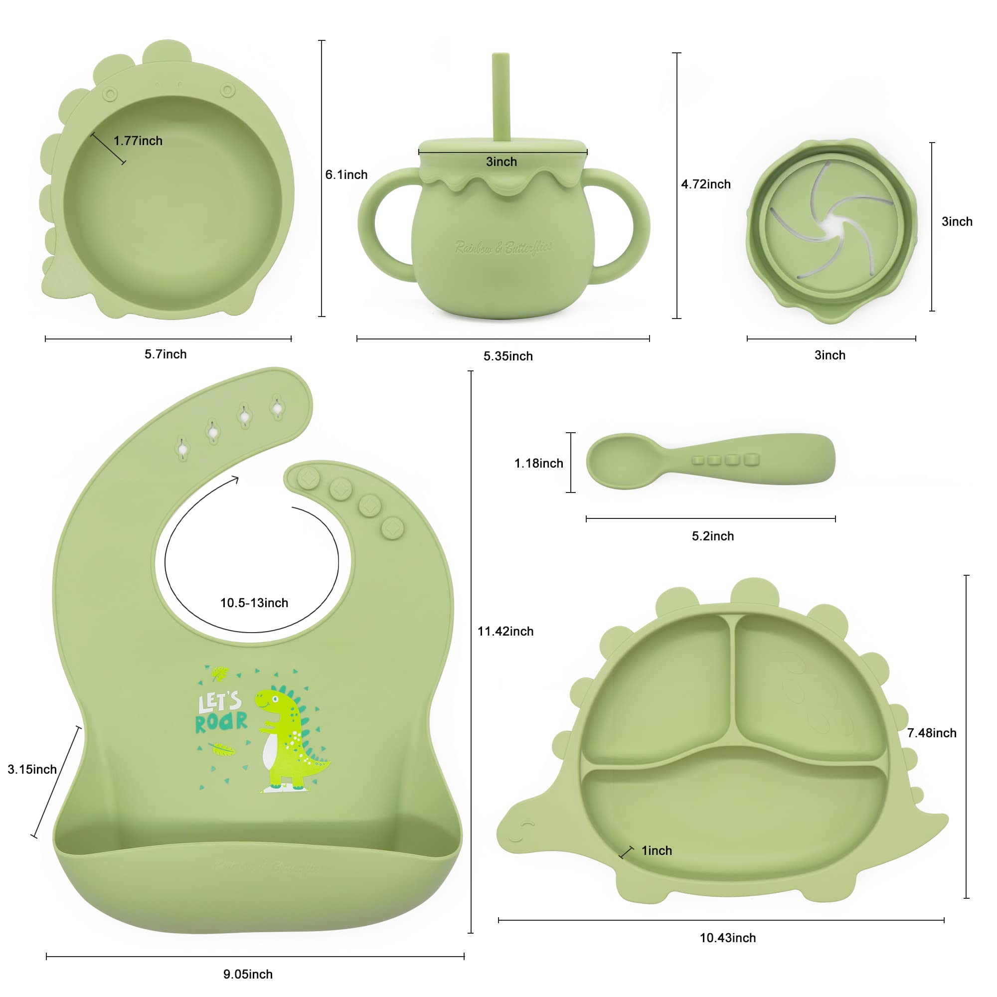 Rainbow & Butterflies |8 Piece| DINO Silicone Baby Feeding Set β |Bib, Suction Bowl, Suction Plate, Sippy Cup, 2-in-1 Straw & Snack Cup Lid, Straw & Spoon| β Food Grade Silicone, BPA Free (Olive)