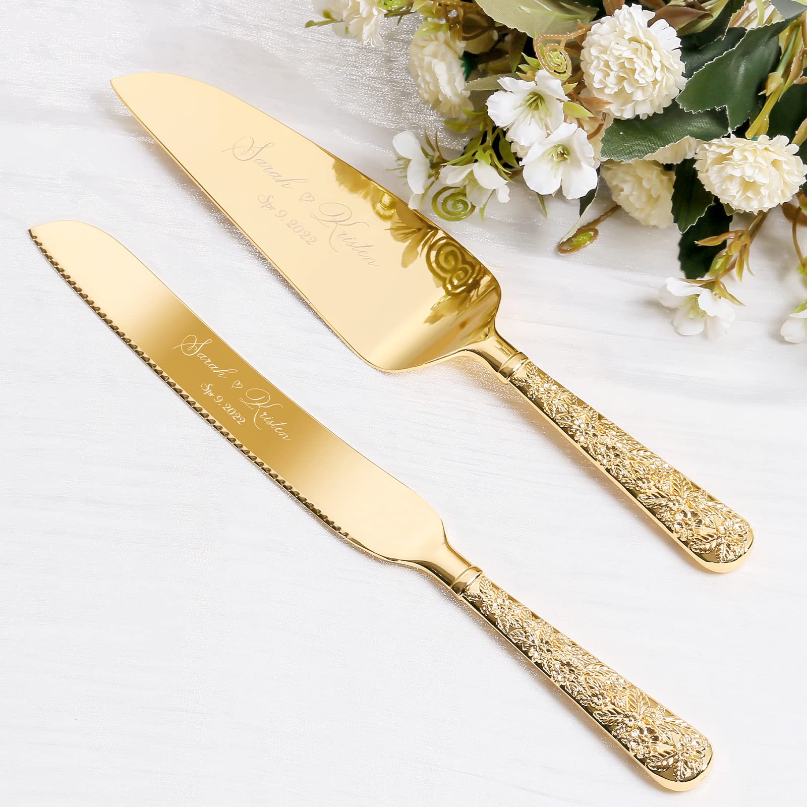 vomiceak Wedding cake knife and server set, personalized gold cake serving set, Engraved cake cutting set for wedding, Pie server pizza cutter, bridal gift(CUS-Flower)