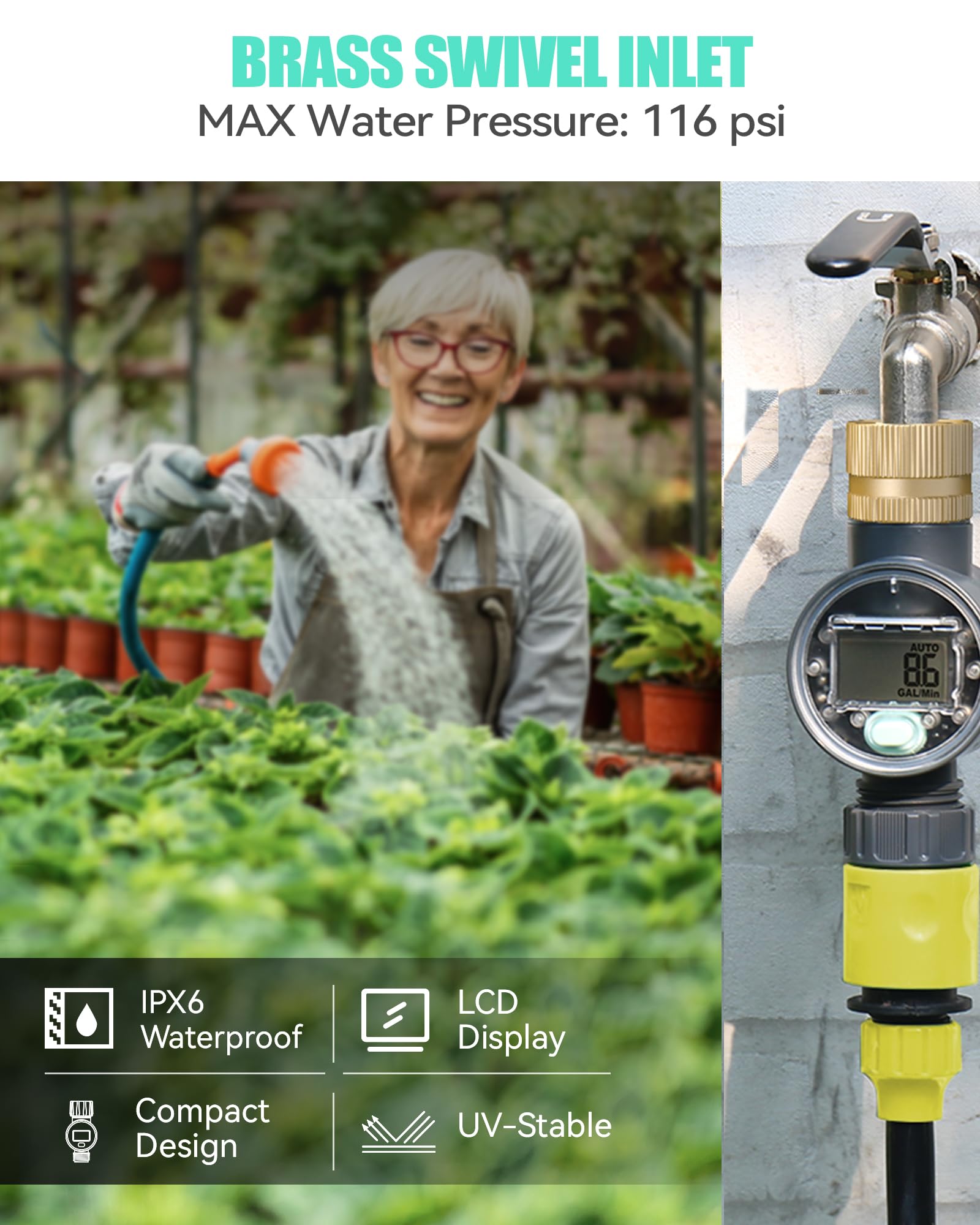 RAINPOINT Water Flow Meter with Brass Inlet, Water Meter for Garden Hose Watering, Lawn Sprinkler, RV Water Tank Filling, Track Water Usage & Flow Rate, IPX6 Waterproof, ±3% Accuracy, Gallon/Liter
