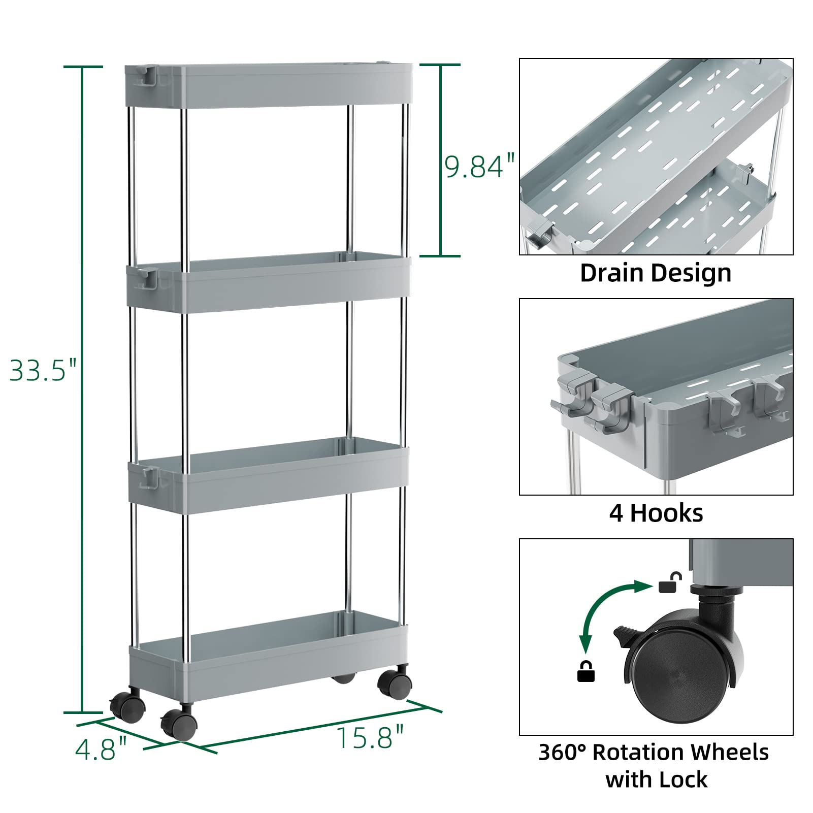 OTK Slim Storage Cart 4 Tier Mobile Shelving Unit Organizer, Utility Rolling Shelf Cart with Wheels for Bathroom Kitchen Bedroom Office Laundry Narrow Places,Grey