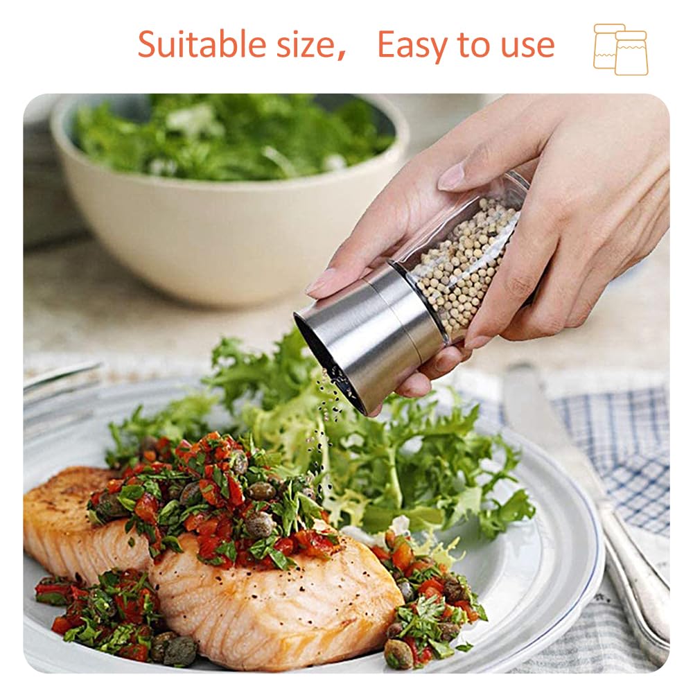 OIULO Salt and Pepper Grinder Set with Steel Base Tray, RefillablePepper Grinder Set - Brushed Stainless Steel - Short Glass Jar with Adjustable Coarseness for Grinding Pepper Grains, Salt or Spices