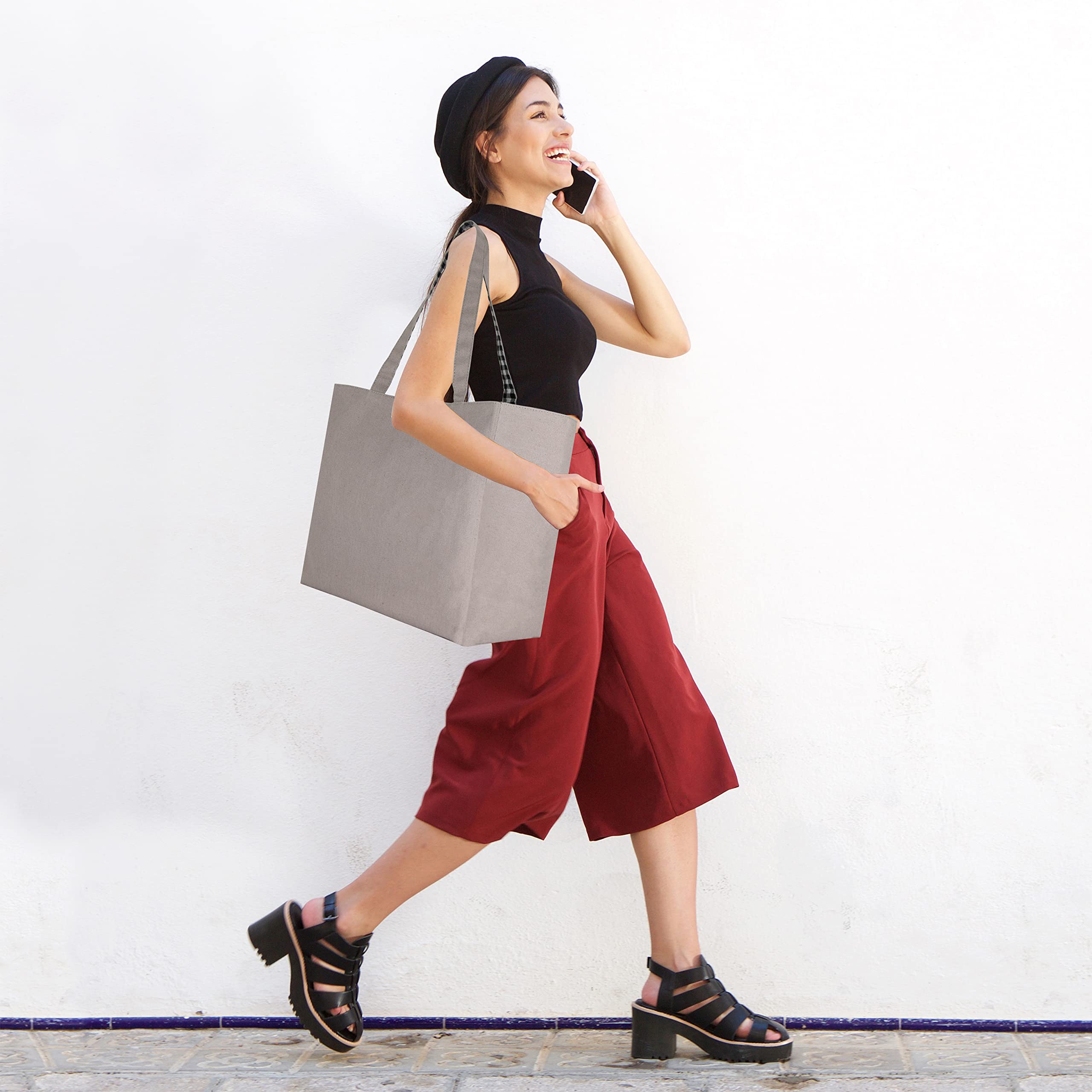 TANJUR Women's Canvas Shoulder Hand Bag Tote Bag Canvas Tote Shoulder Bag Vogue Shopping Casual Bag (Grey)