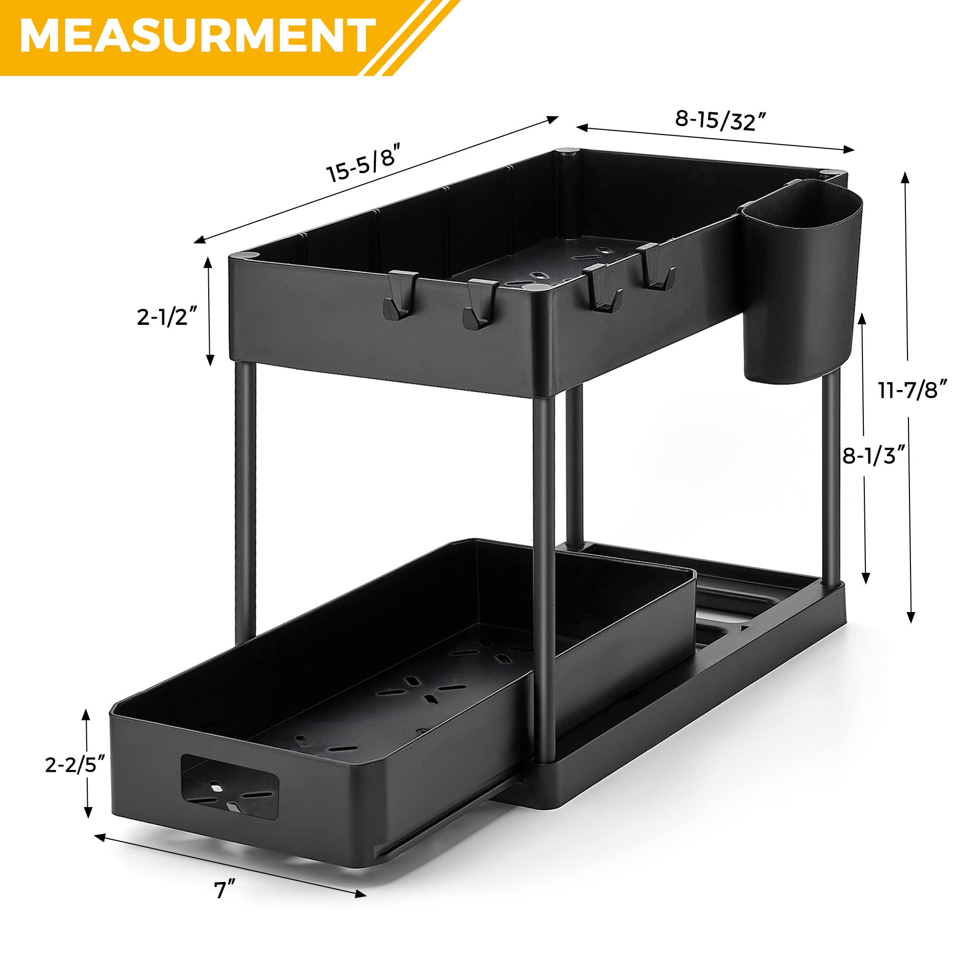 Under Sink Organizers and Storage, 2 Tier Pull Out Cabinet Organizer, Kitchen Cabinet Organizer Bathroom Sink Organizer with Hooks, Cabinet Organizers and Storage for Bathroom, White & Black, 2 Pack