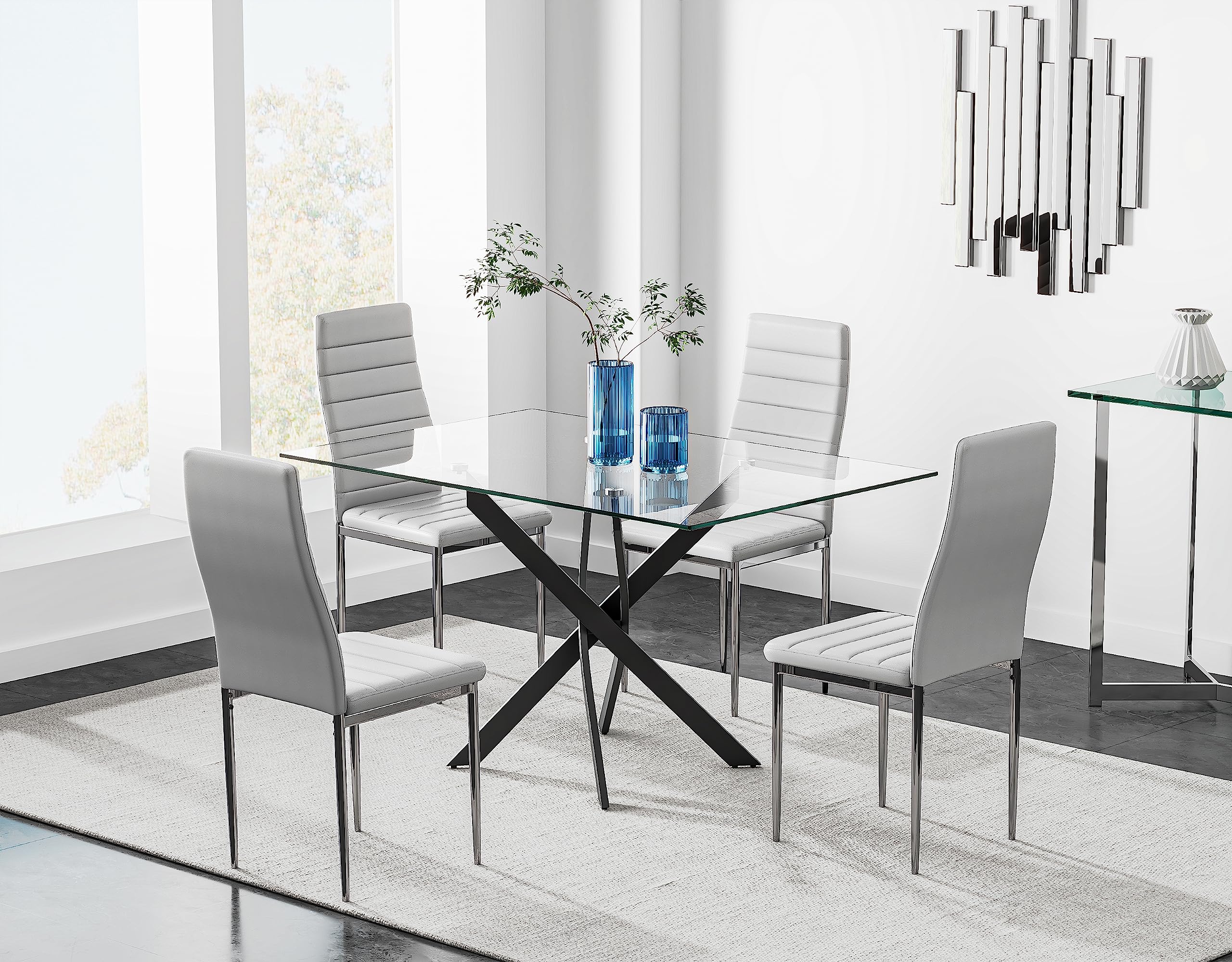 NIERN Glass Dining Table Set for 4, Modern 5-Piece Rectangular Kitchen Table Set with 4 upholstered Chairs for Kitchen Dining Room (Black Table with Black Velvet Chair)