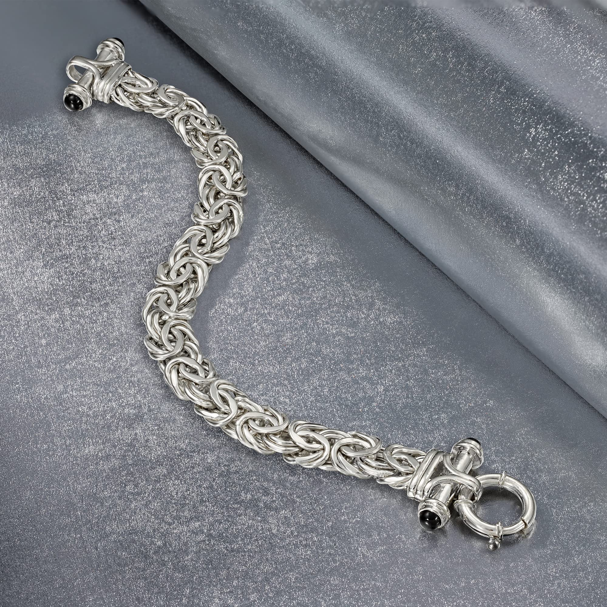 Ross-Simons Sterling Silver Byzantine Bracelet With Black Onyx. 7 inches
