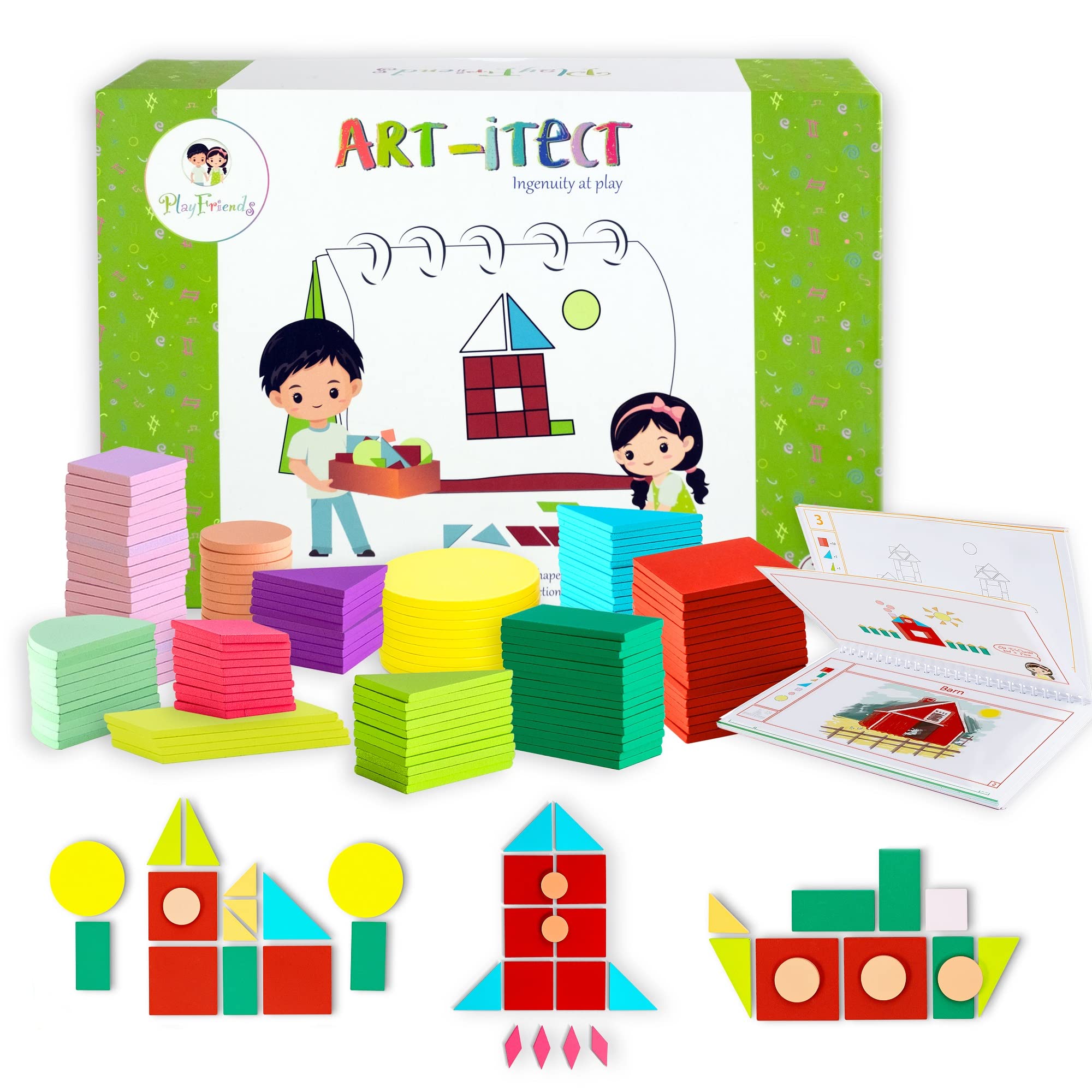 Wooden Pattern Blocks - Build Out Scenes Step by Step with Illustrated Guide Book or Using Imagination -Fun Montessori Toys for 3+ Year Old-Tangram Shapes Puzzle 160 Pieces - Learning & Education Toys