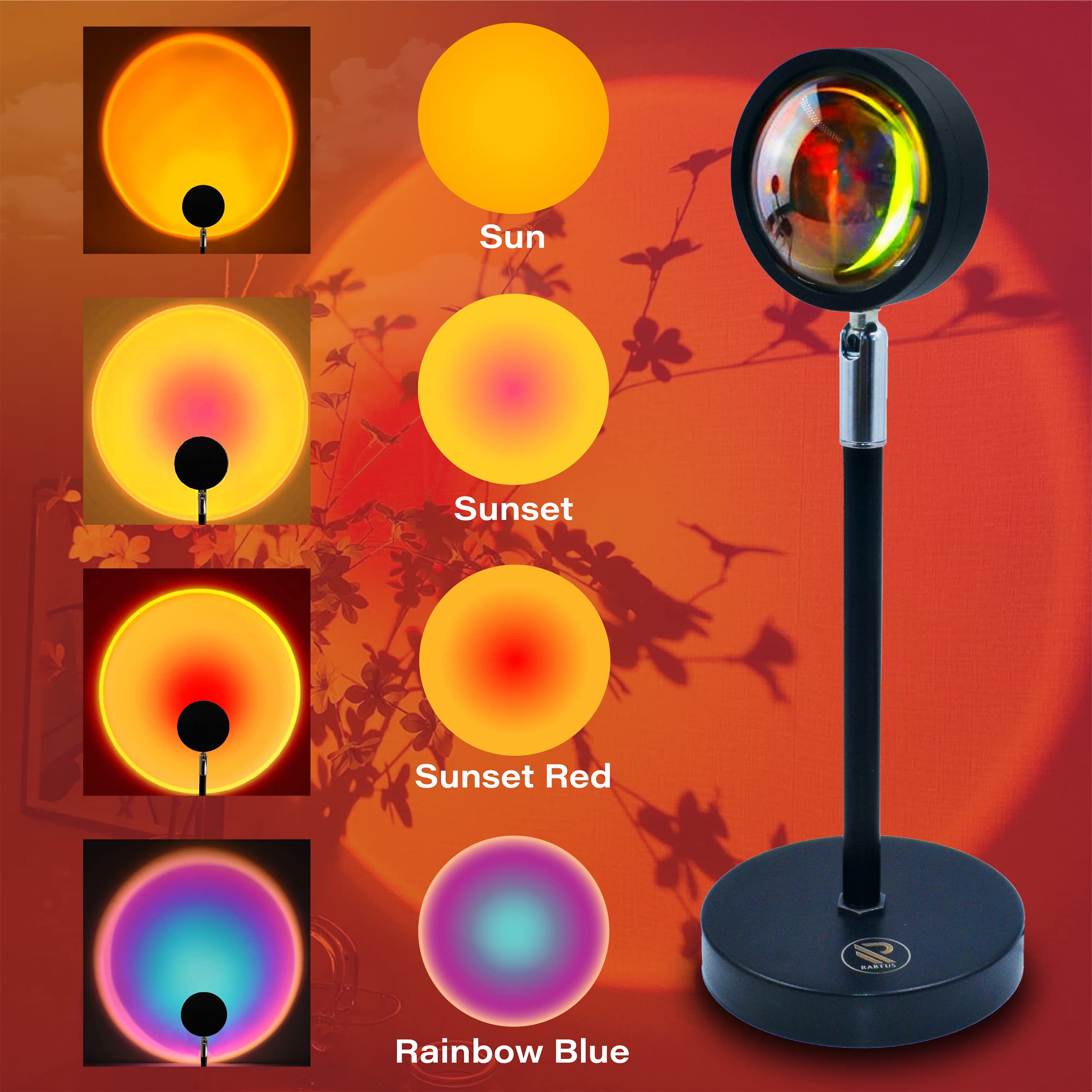 Sunset Lamp LED Sunset Projection Lamp 180 Degree Rotation Adjustable Height Night Rainbow Light USB Projector Golden Hour Artistic Sunlight Lamp Home Living Room Décor Sunset Light for Photography