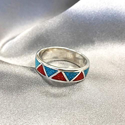 Southwestern Style Turquoise and Coral Gemstone 6mm Wedding Band 925 Sterling Silver Unisex Ring for Women Size 5.5
