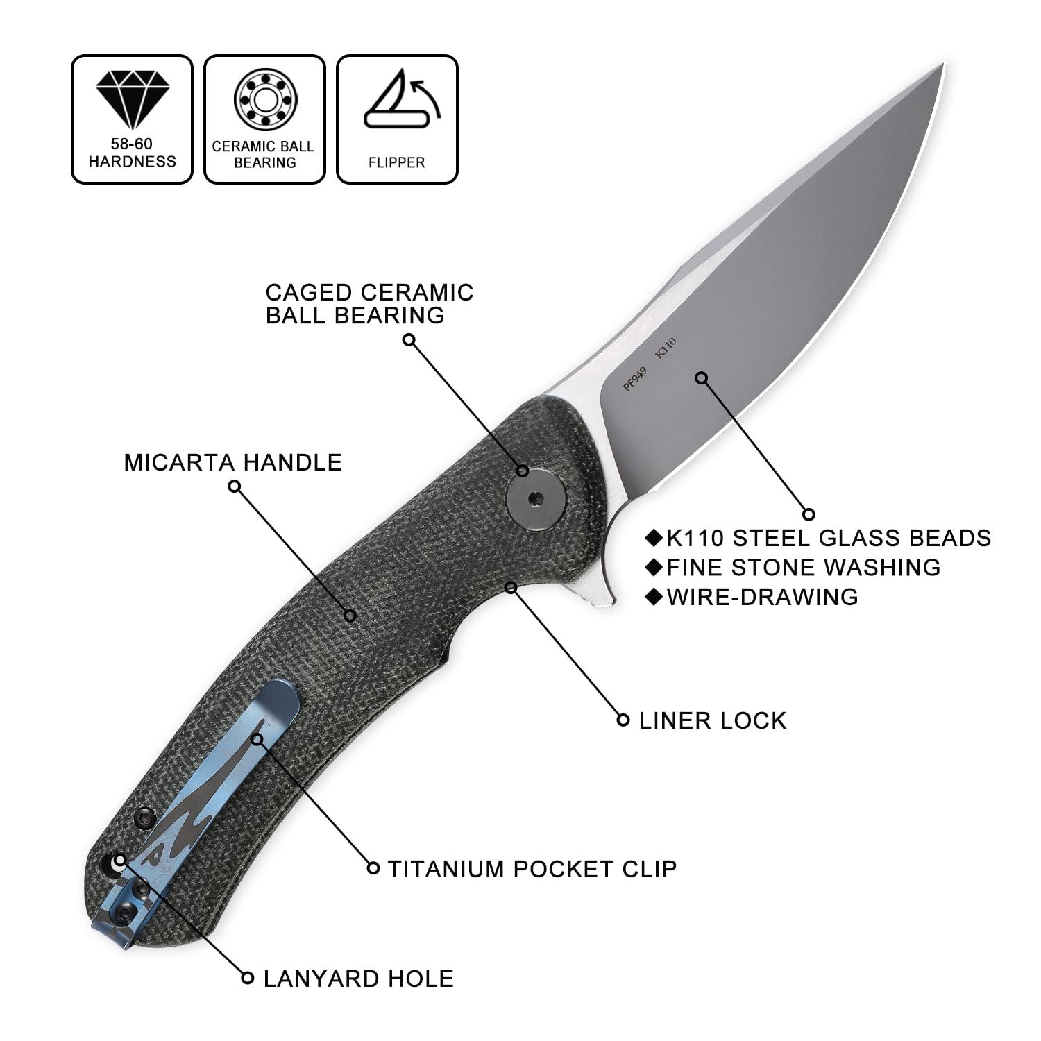 Petrified fish K110 Steel 949 Folding Knife G10 Handle Ceramic Ball bearings Camping Hunting Knives EDC tool (Green Flax)