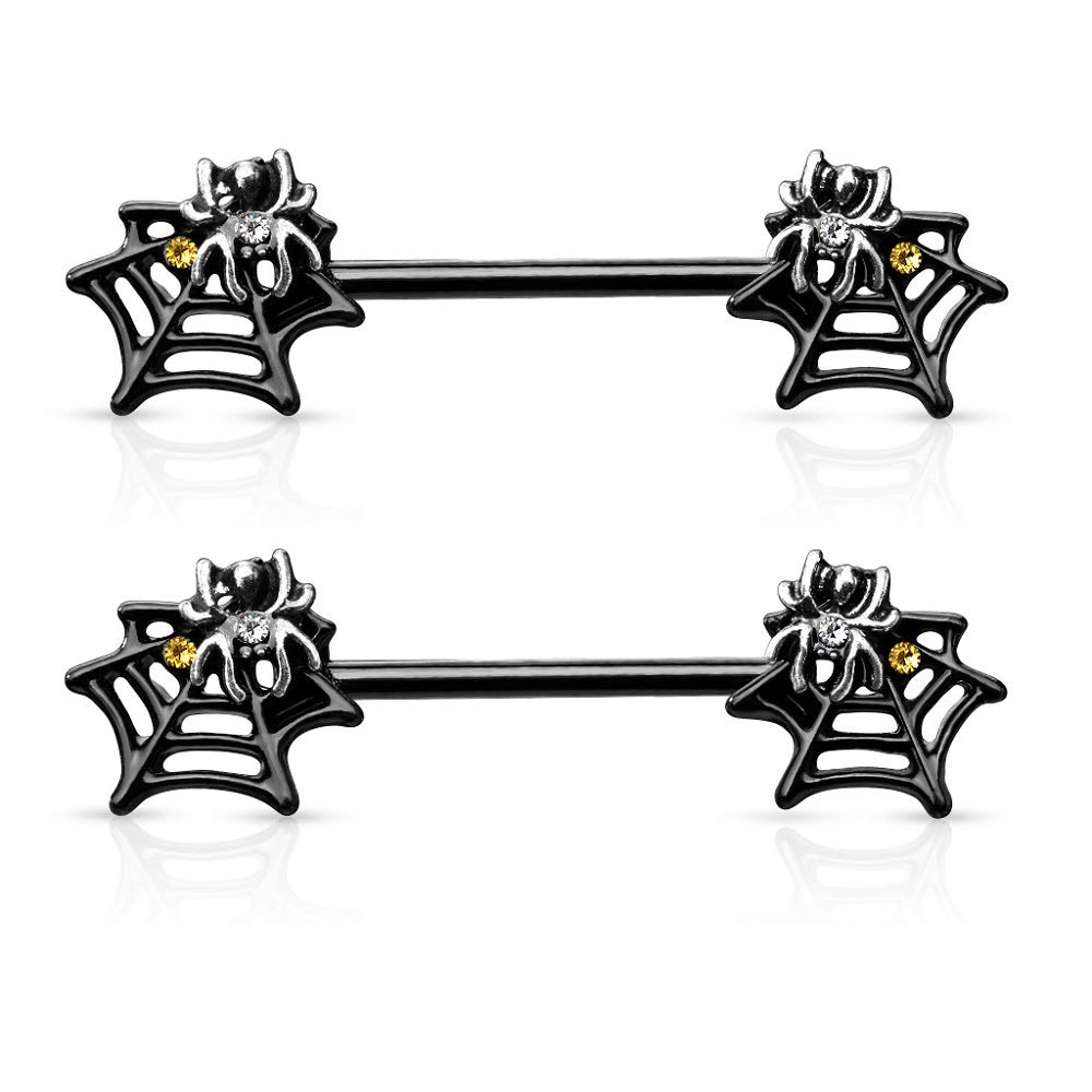 Pierced Owl 14G Stainless Steel CZ Crystal Black Spider Web Nipple Barbells, Sold as a Pair