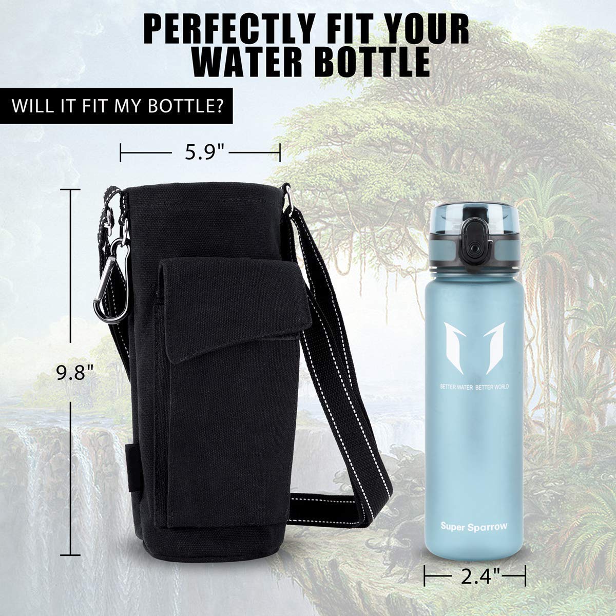 POPRUN Water Bottle Holder for Walking, 50oz Water Bottle Carrier Pouch Bag with Adjustable Shoulder/Hand Strap 2 Pockets for Biking/Hiking/Travel/Camping, Black