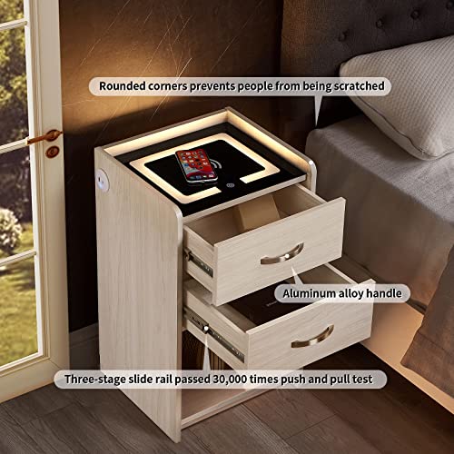 OLD CAPTAIN Nightstand with Wireless Charging Station, Smart Bedside Tables with Drawers and Open Storage Shelf for Bedrooms (White Wood Grain) … … …
