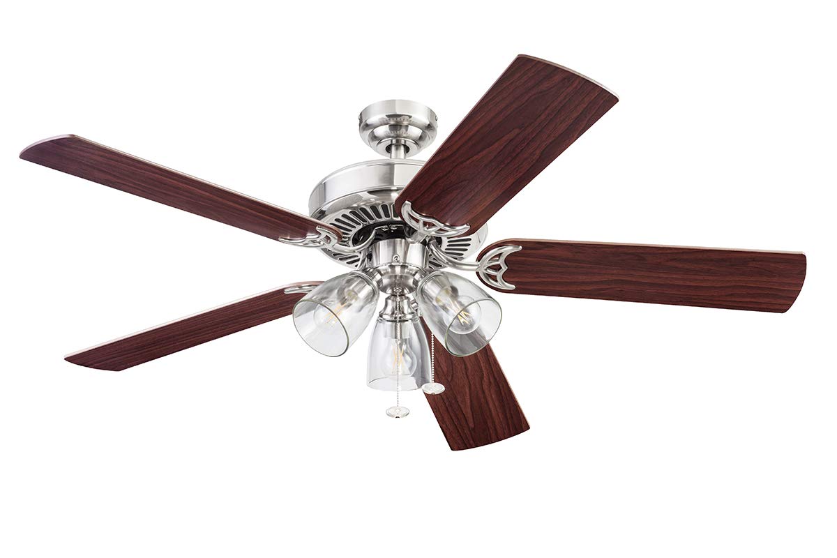 Prominence Home Saybrook, 52 inch Indoor Farmhouse LED Ceiling Fan with Light, Pull Chain, Three Mounting Options, Dual Finish Blades, Reversible Motor - 51592-01 (Matte Nickel)