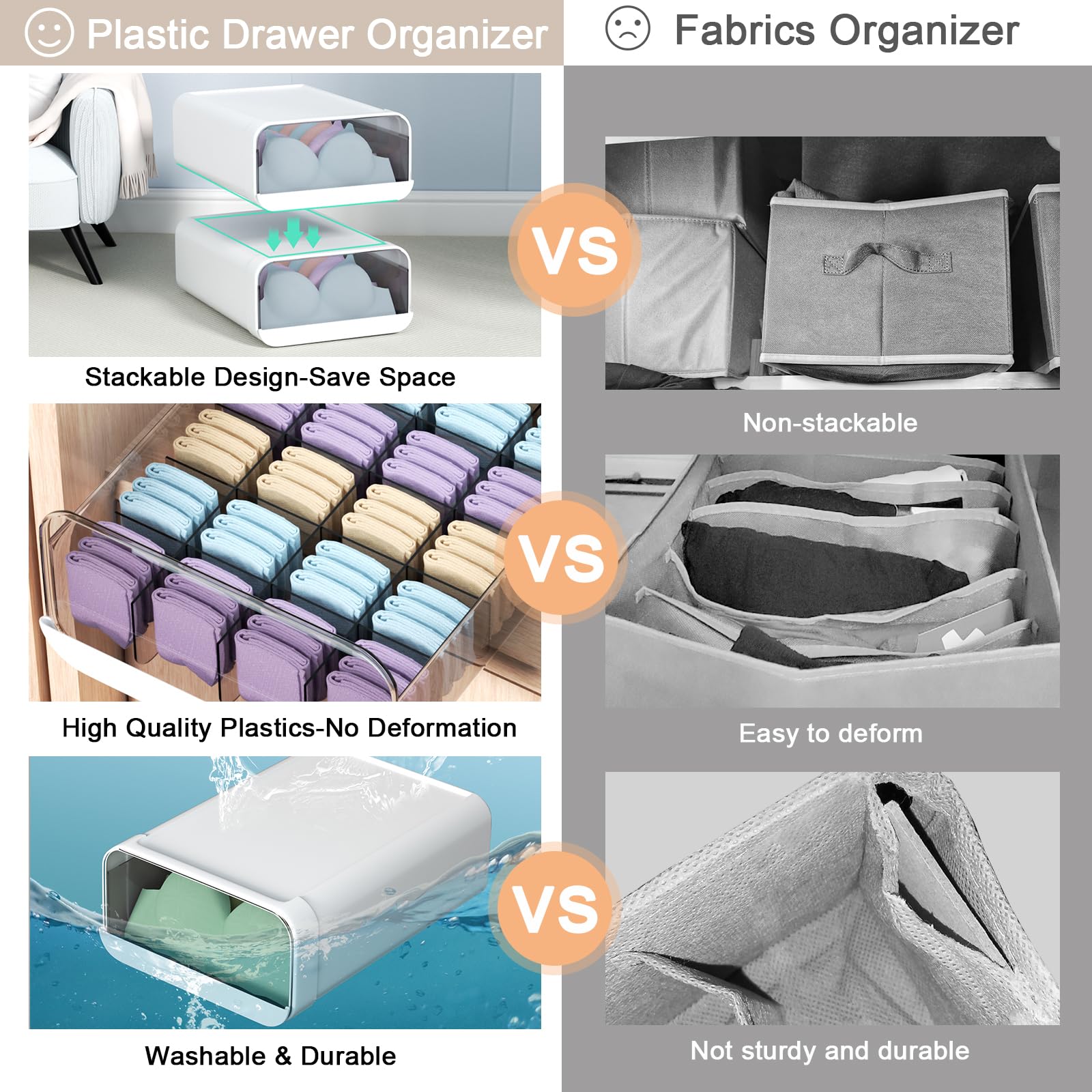 Miaocona Underwear Organizer Drawer, 24 Cells Plastic Sock Underwear Storage Drawer, Stackable Closet Organizers and Storage Box for Bras, Socks, Scarves, Ties, Belt (King Size-White, 1 Pcs)