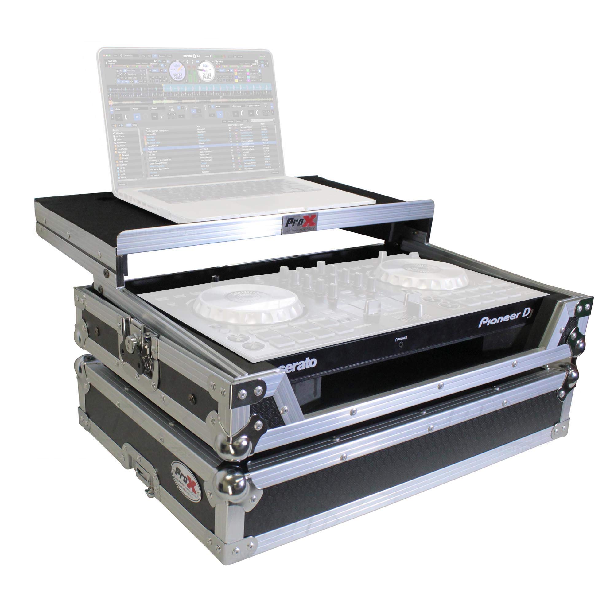 ProX Flight Case for Pioneer DDJ-SB3 & DDJ-400 Digital Controller With Sliding Laptop Shelf - Silver on Black Design - X-DDJSB3 LT