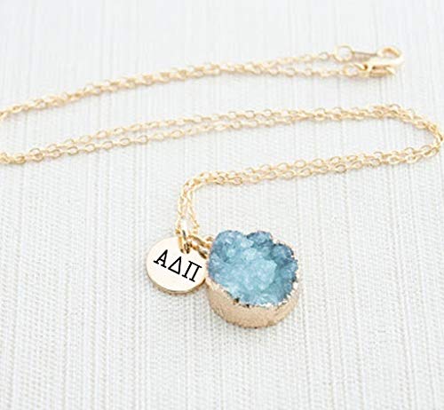 Sorority Shop ADP Necklace - Alpha Delta Pi Blue Druzy Gemstone Necklace With Engraved Pendant β 14K Gold Dipped Jewelry with Blue Gemstone β Sorority Gift, Charm Paraphernalia