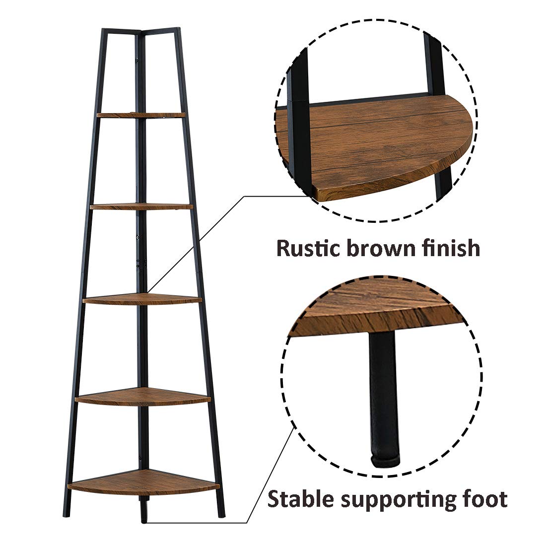 O&K FURNITURE Industrial Tall Corner Bookshelf, 5 Tier Corner Display Unit Shelves, Brown Finish