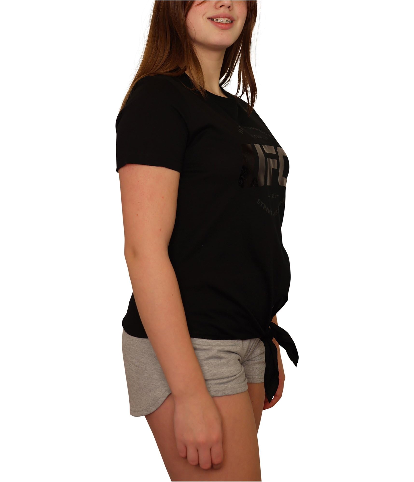 Reebok Womens Tie Front Graphic T-Shirt, Black, Medium