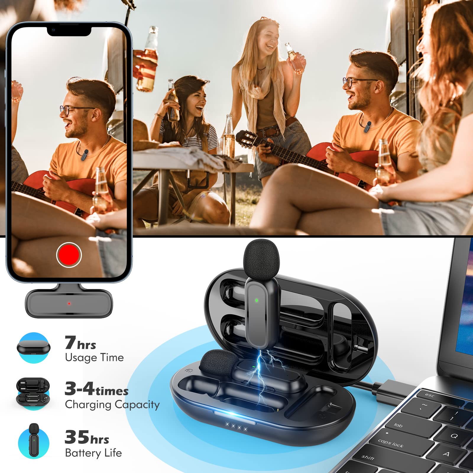 Wireless Lavalier Microphone for iPhone iPad, Portable Wireless Microphones with Charging Case, Over 7 Hours of Battery Life for Vlog, Interview, YouTube, TikTok