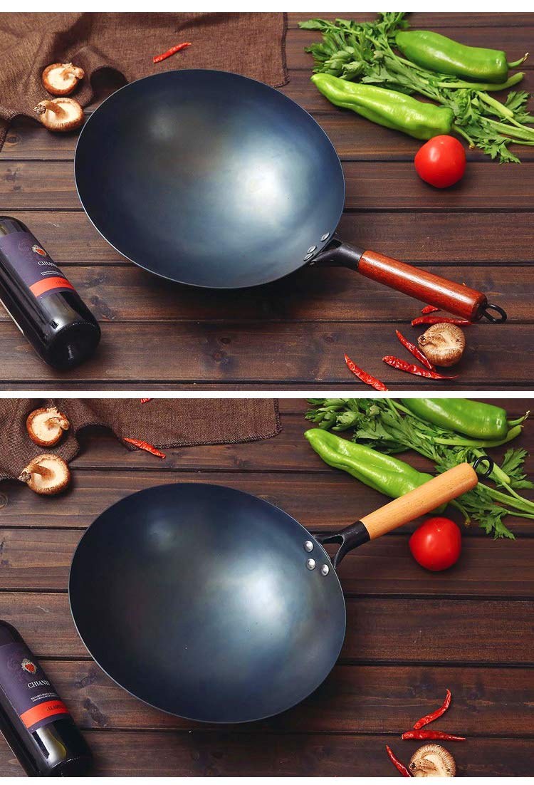 SERENITA Chinese 100% Hand Hammered Iron Woks Stir Fry Pans, Non-stick, No Coating, Less Oil, 30CM, Black Seasoned Wooden handle