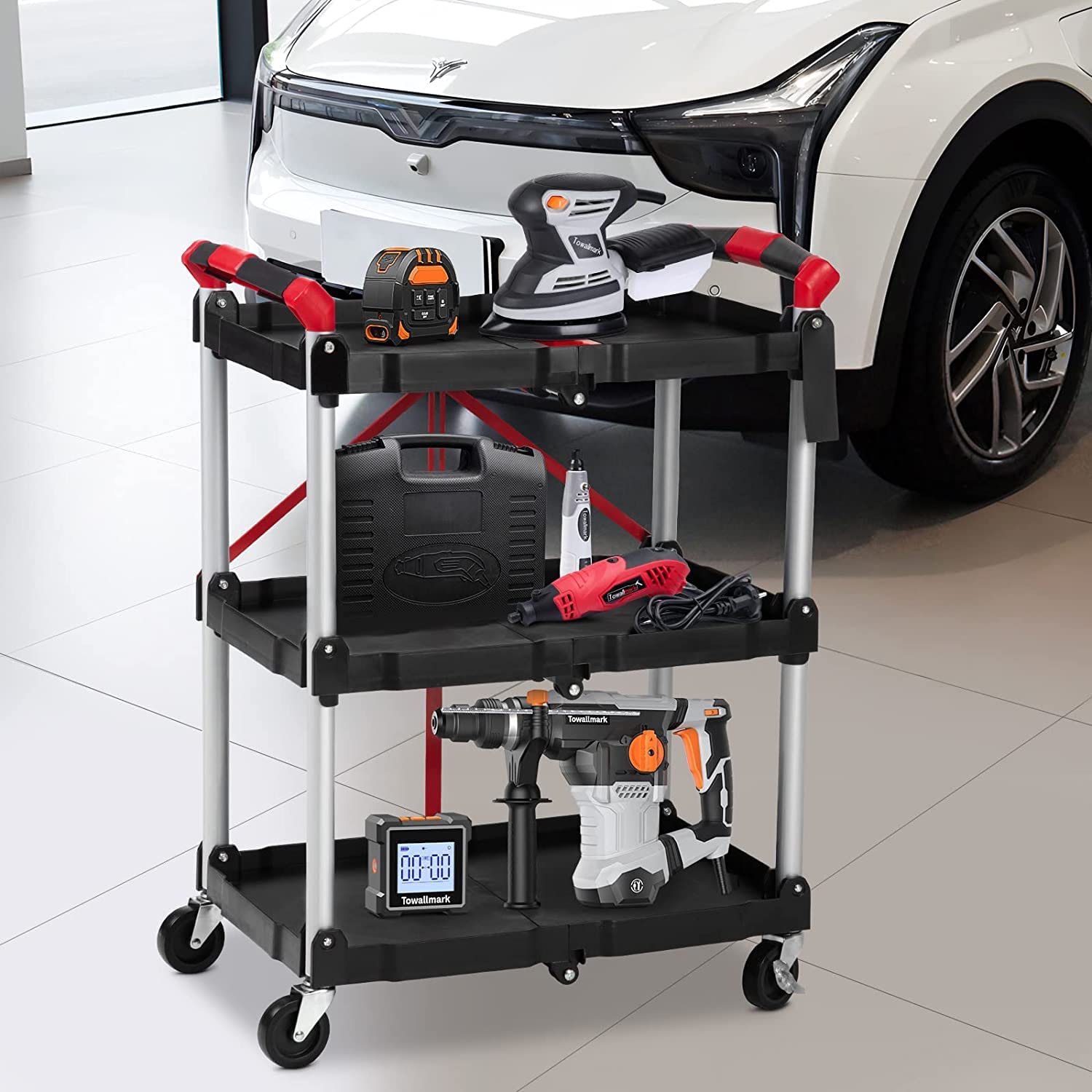 Portable Folding Service Cart, 3-Tier Fold Up Rolling Cart, Collapsible Push Cart with Wheels, 56 Lbs Load Capacity per Shelf Folding Utility Carts for Home/Office/Warehouse