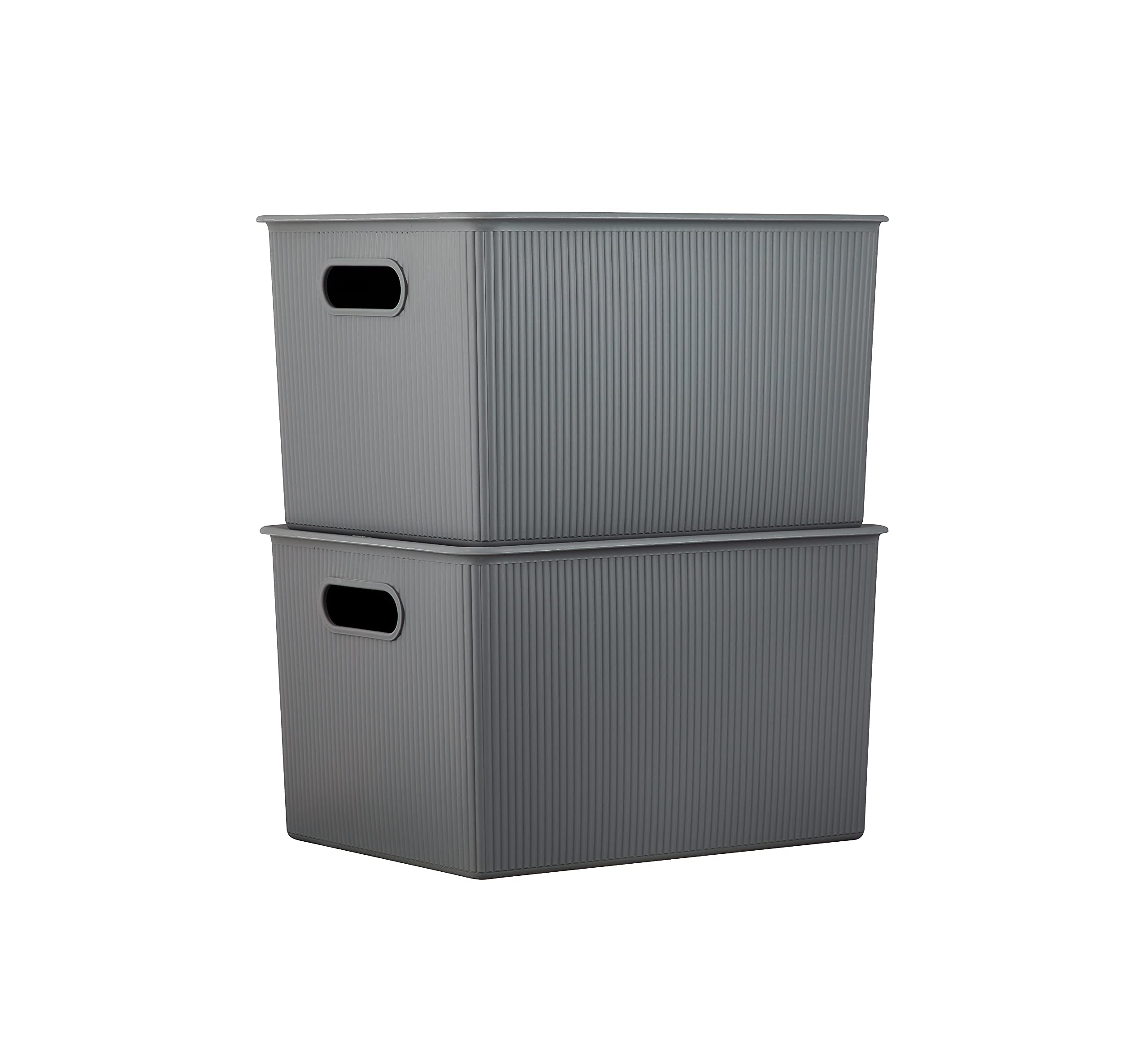 Superio Ribbed Collection - Decorative Plastic Lidded Home Storage Bins Organizer Baskets, X-Large Grey (1 Pack - 22 Liter) Stackable Container Box, for Organizing Closet Shelves Drawer Shelf