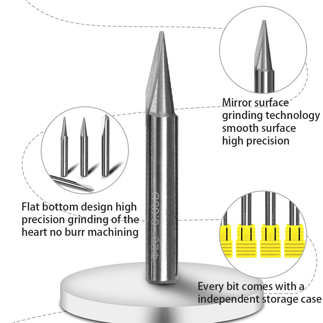 SILIVN Engraving CNC Wood Carving Router Bit 1/4 Shank 15°/20°/60°/90° Engraving Bits, 2 Flutes Straight CNC V-bit Tungsten Steel Marking Conical Engraving Router Tool