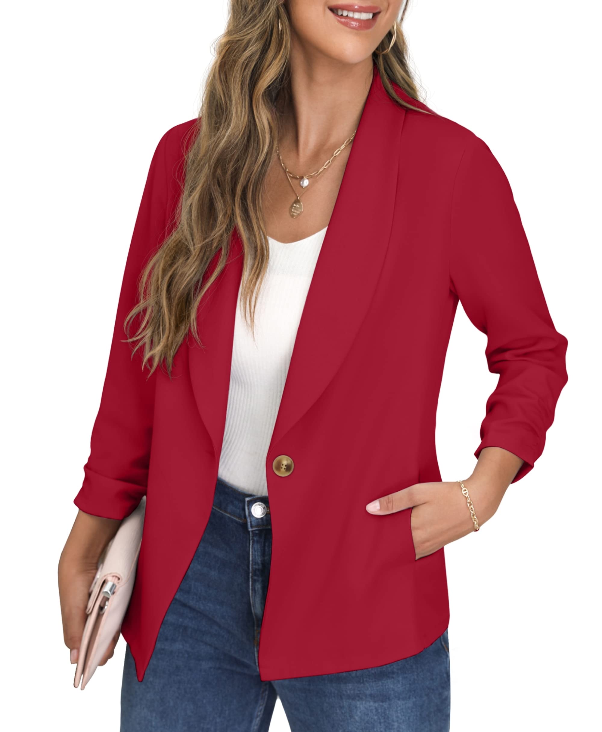 ONLYSTORY Womens Blazer Jackets for Women 3/4 Ruched Sleeve Work Casual Lightweight Blazer with Pockets Red-16