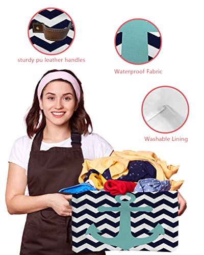Storage Bins Large Storage Basket,Teal Anchor Black White Stripe Ripple Collapsible Storage Bins with Handle,Nautical Theme Line Art Storage Baskets Cube Organizer for Shelves Closet Nursery 1PC