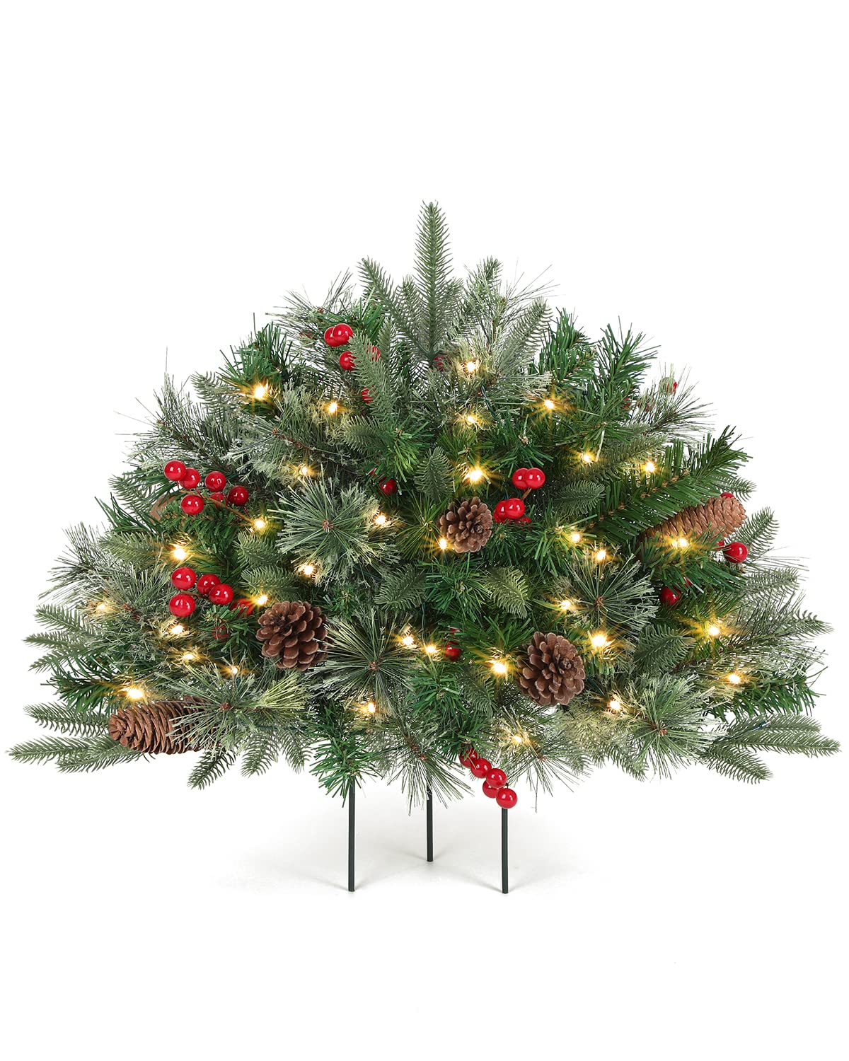 OasisCraft Outdoor Christmas Tree Frosted Urn Filler, Pre-lit Artificial Xmas Tree with LED Lights, 18 Inch Small Christmas Tree with Cones & Red Berries