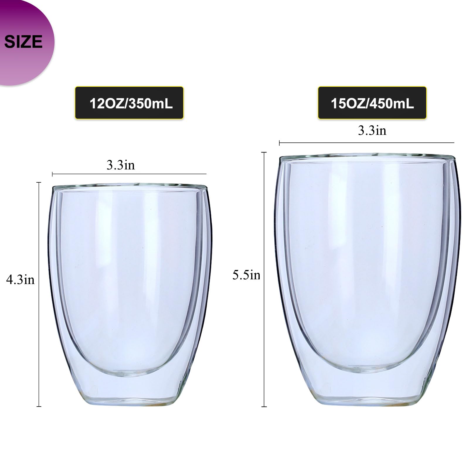 OKE Double Wall Glass Coffee Mugs,Espresso cups,Insulated Clear Coffee Cup Mugs Set,Perfect for Coffee, Juice, Tea, Hot Chocolate, Etc(Set of 2 - with coasters) (10 OZ)