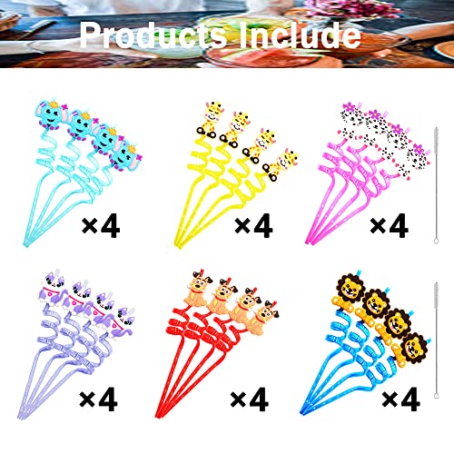 zhenzhe 24 Jungle Party Favors Reusable Straws, Jungle Animal Plastic Straws, Animal Theme Drinking Straws for Kids Jungle Birthday