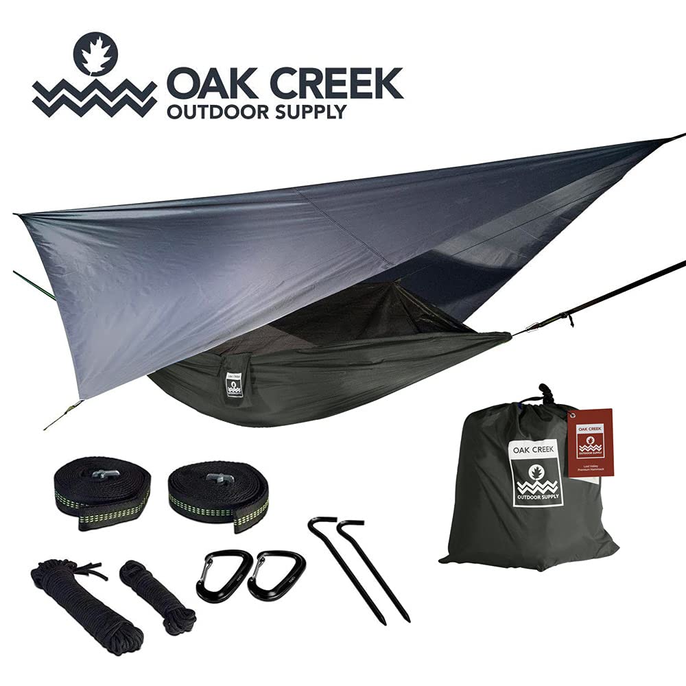 Oak Creek Camping Hammock and Accessories. Complete Package with Mosquito Bug Net, Rain Fly, Tree Straps. Great for Hiking, Backpacking, and Travel. Weighs Only 4 Pounds. Carbon Gray.