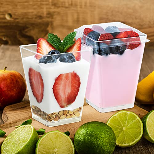 SHOPDAY 5oz Plastic Dessert Cups with Lids 100 Pack Small Clear Square Parfait Cups with Spoons, Mini Plastic Tumbler Serving Cups for Tasting Party Appetizers Mousse Yogurt