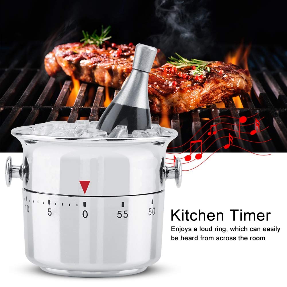 WBTY Bucket Shaped 60 Minutes Kitchen Timer Stainless Steel Mechanical Wind up Timer Time Reminder