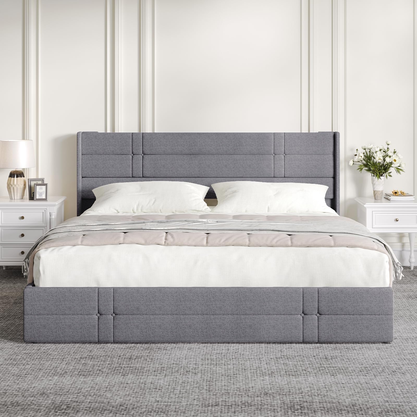 Novilla King Size Lift Up Storage Bed, with Fabric Headboard, Hydraulic Storage, No Box Spring Needed, Wood Slats Support, Upholstered Platform Bed Frame, Easy Assembly, Gray