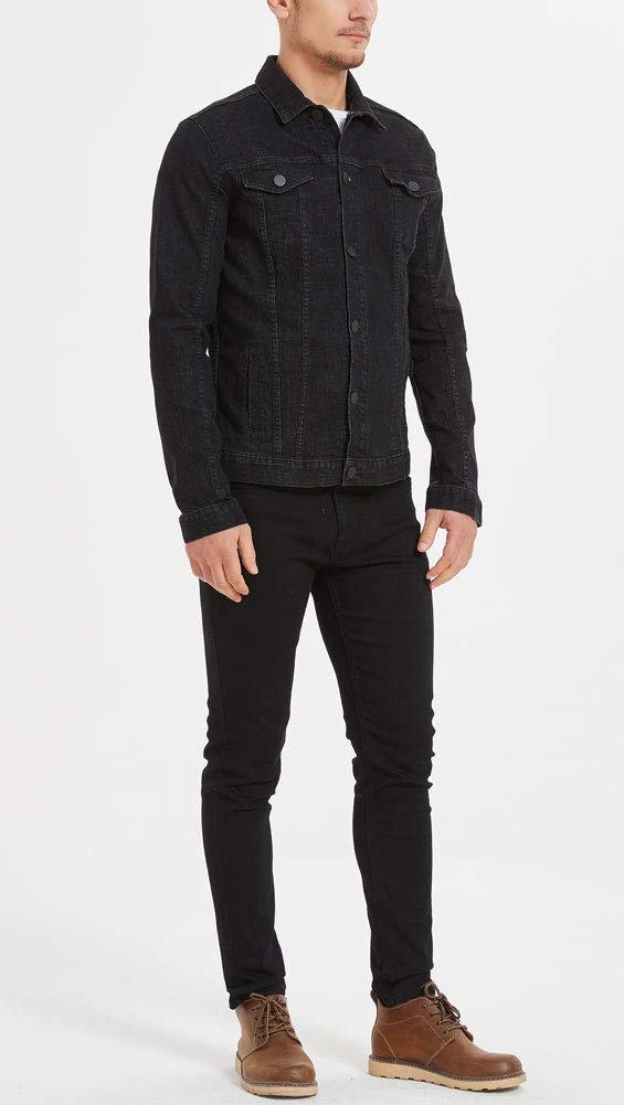 Plaid&Plain Men’s Denim Trucker Jacket Men’s Slim Fit Jean Jacket Stretch 1312Black M-34